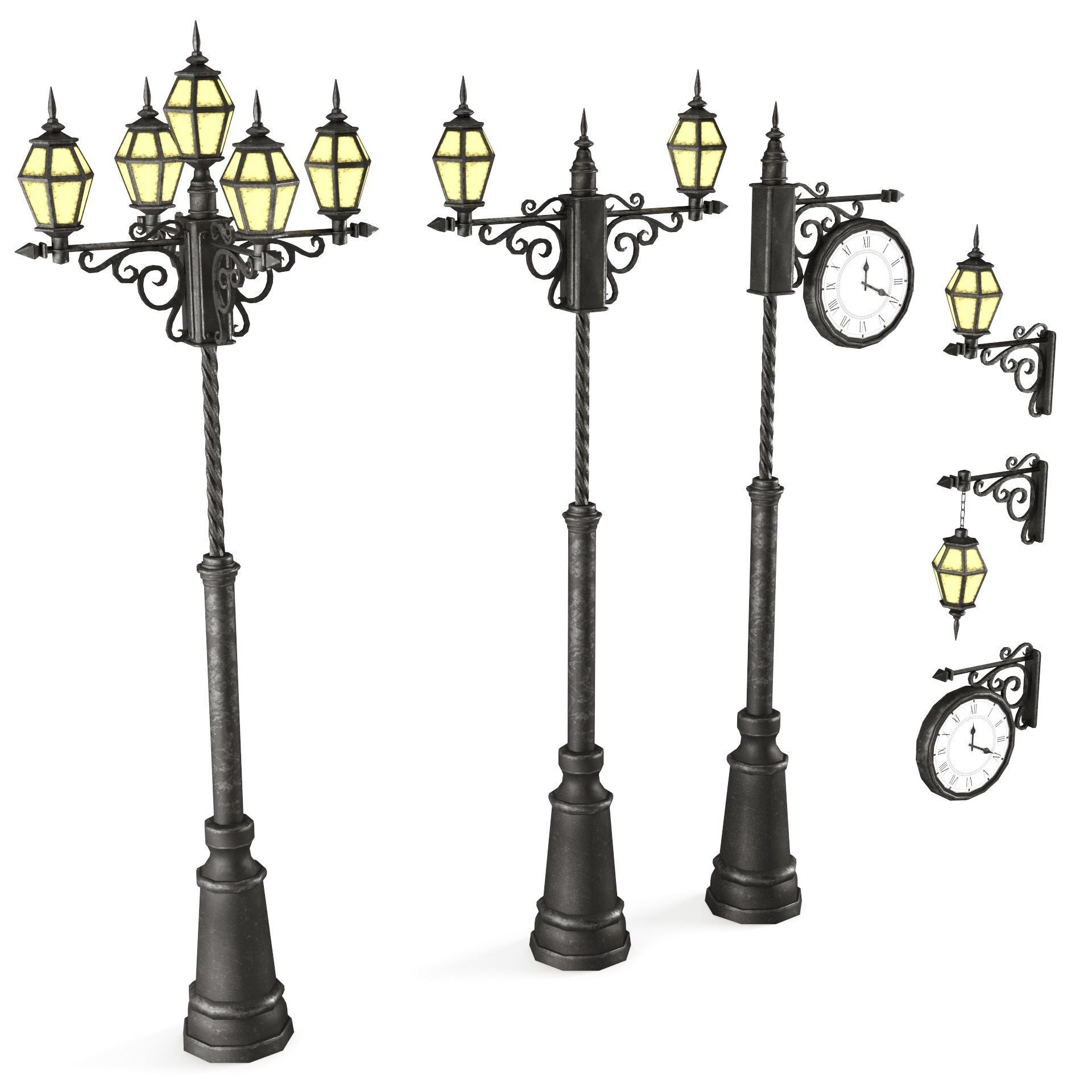 3D model low poly 3d model set of old street lamps and clocks VR / AR ...