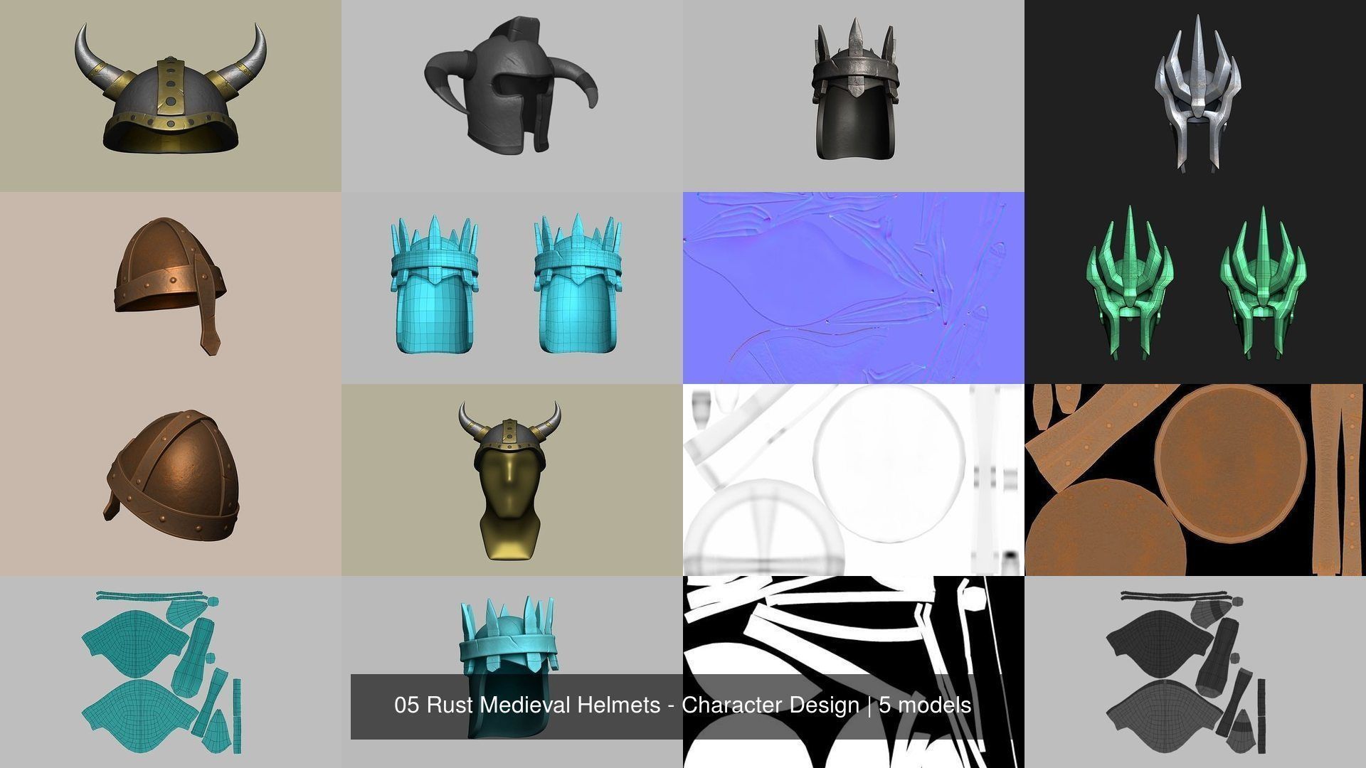 3D Model Collection 05 Rust Medieval Helmets - Character Design VR / AR ...