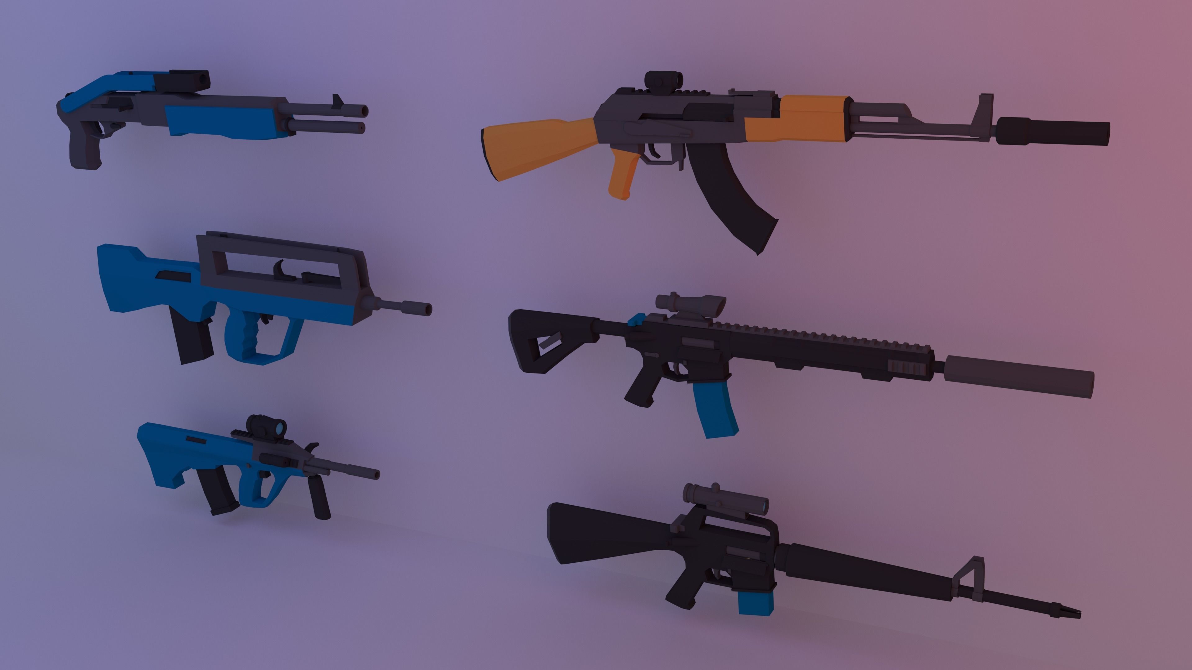 3D model Low poly pack guns Animated - AK-47 - M16 - AR15 -UZI- 3D ...