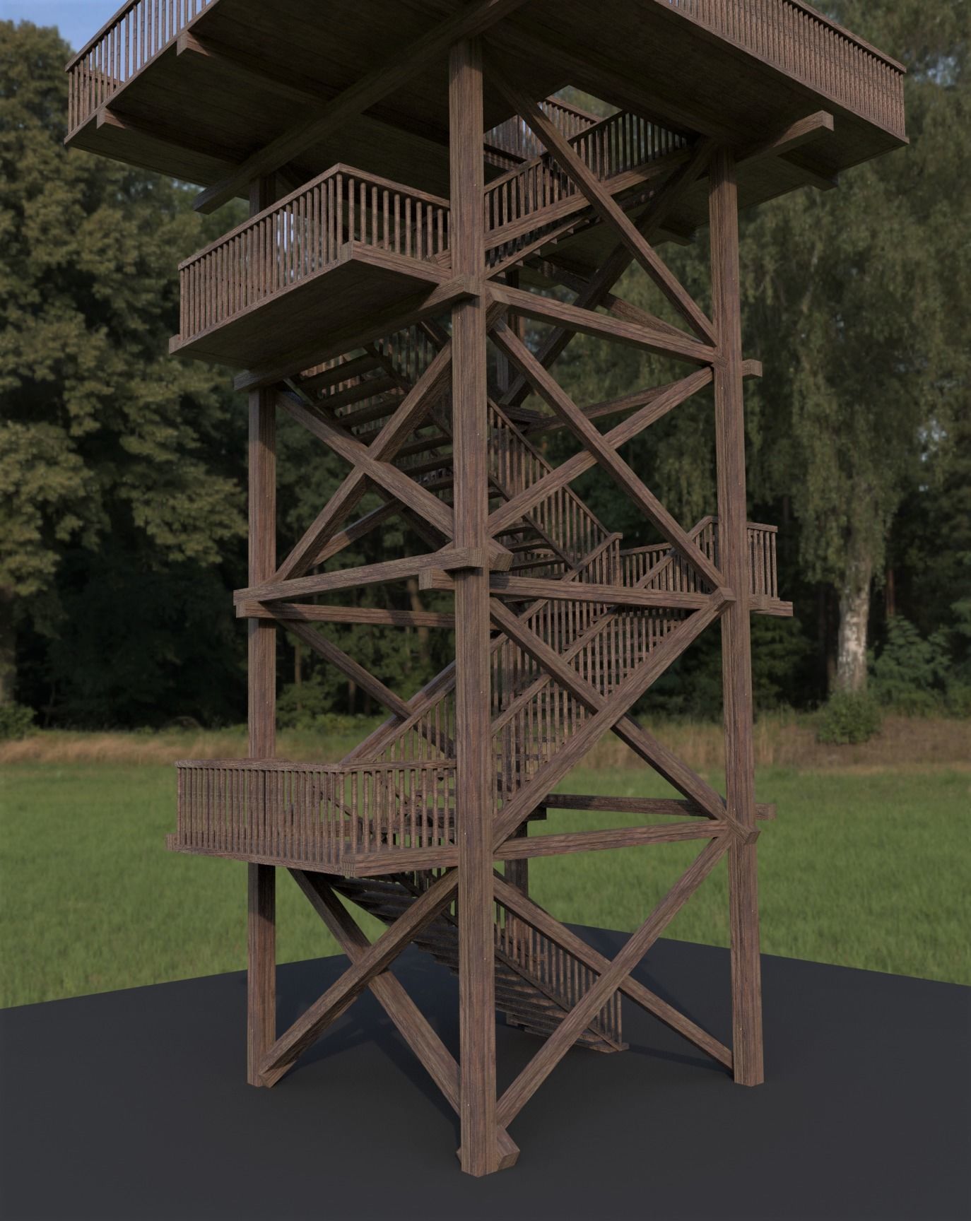 Watchtower wooden tower with stairs in middle of grassy field free VR ...
