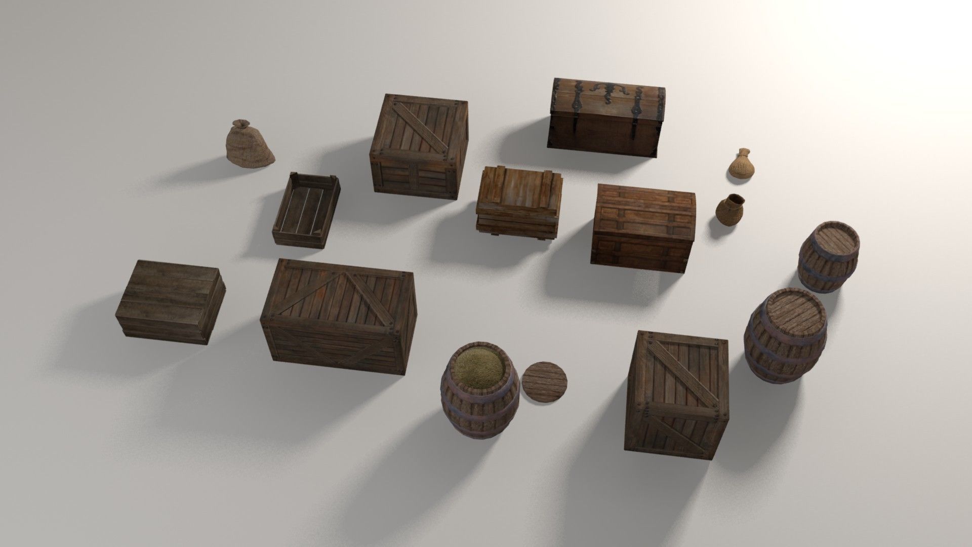 3D model Medieval old containers boxes barrels jute bags and chests VR ...