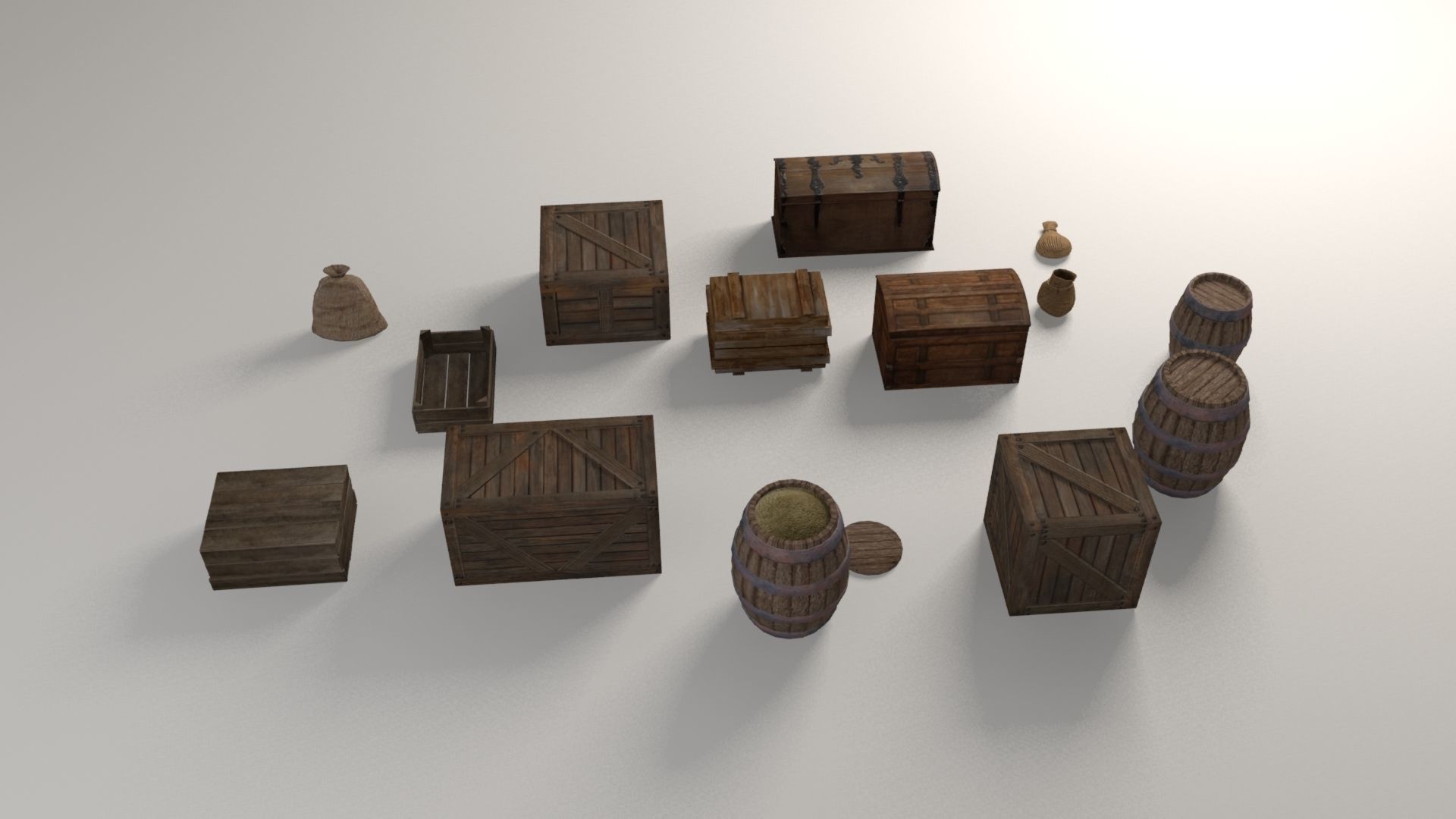 3D model Medieval old containers boxes barrels jute bags and chests VR ...