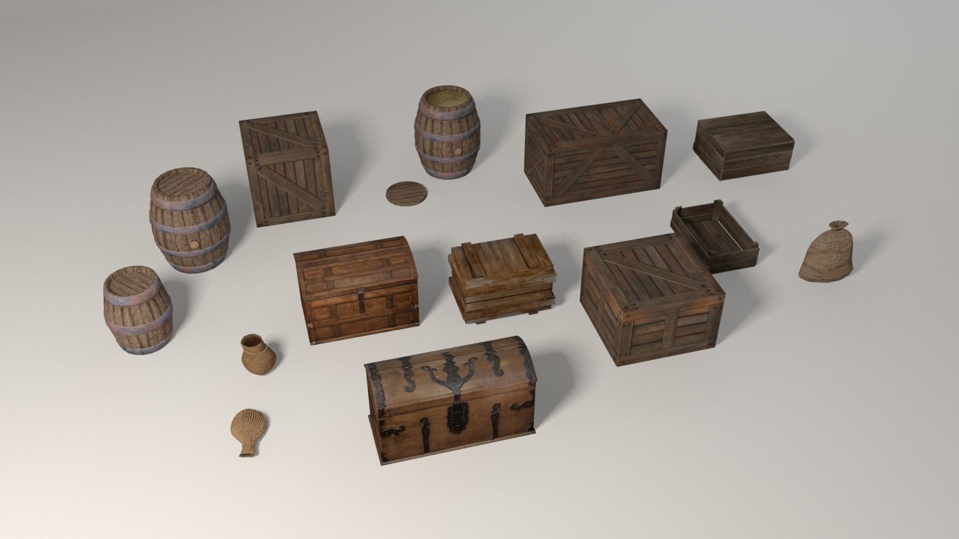 3D model Medieval old containers boxes barrels jute bags and chests VR ...