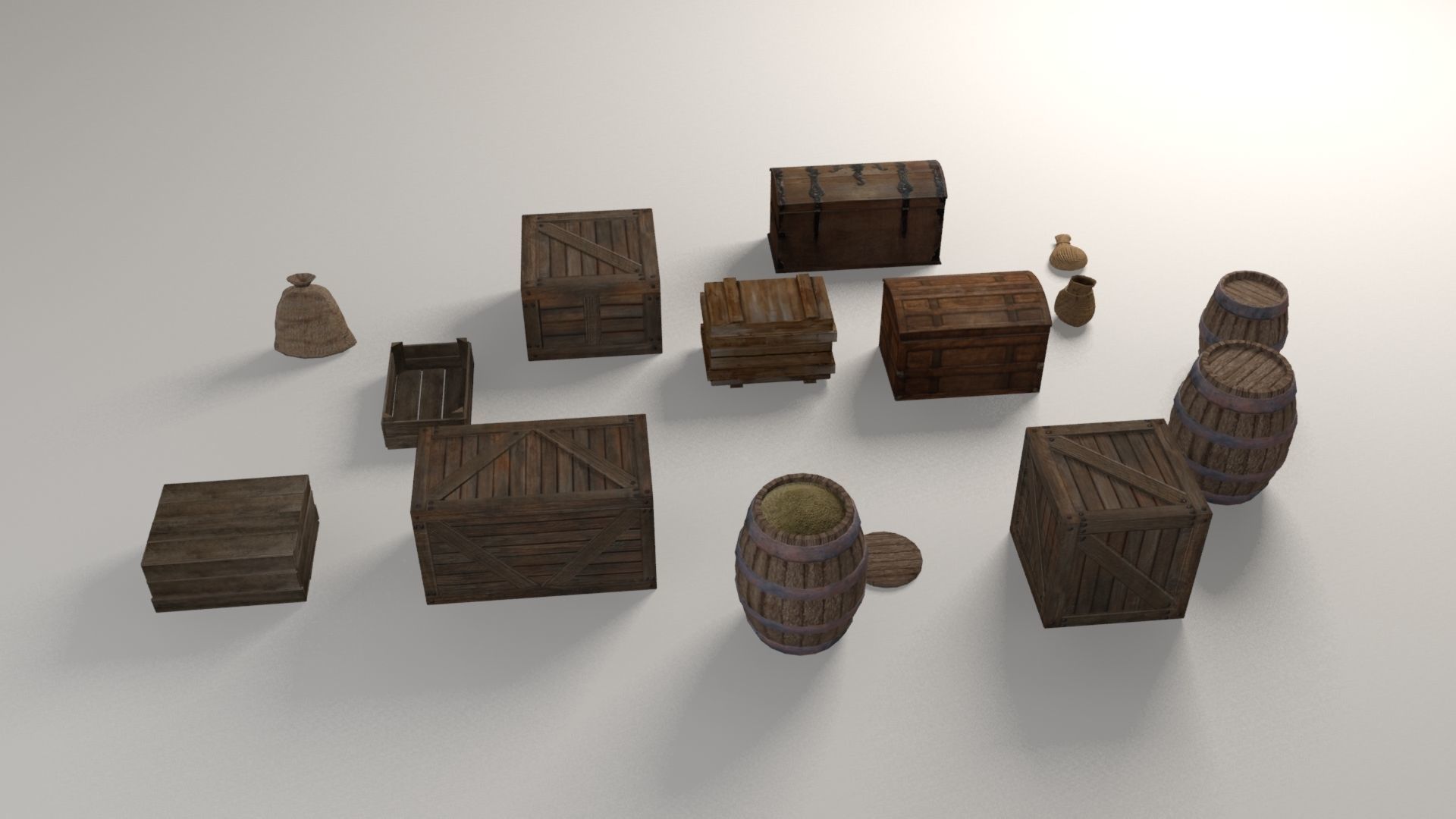 3D model Medieval old containers boxes barrels jute bags and chests VR ...