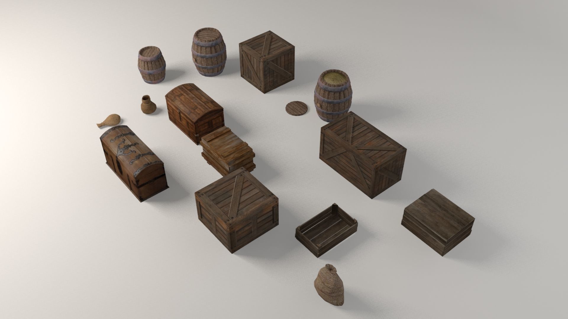 3D model Medieval old containers boxes barrels jute bags and chests VR ...