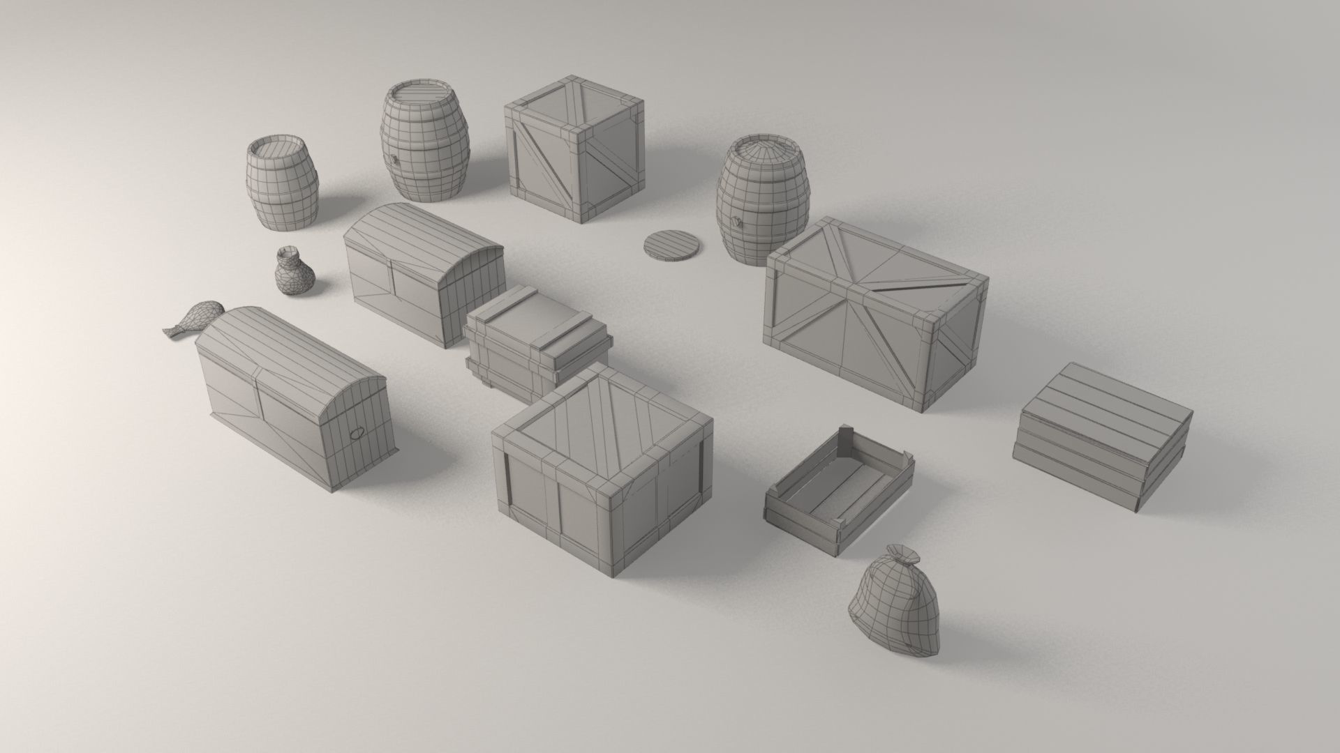 3D model Medieval old containers boxes barrels jute bags and chests VR ...