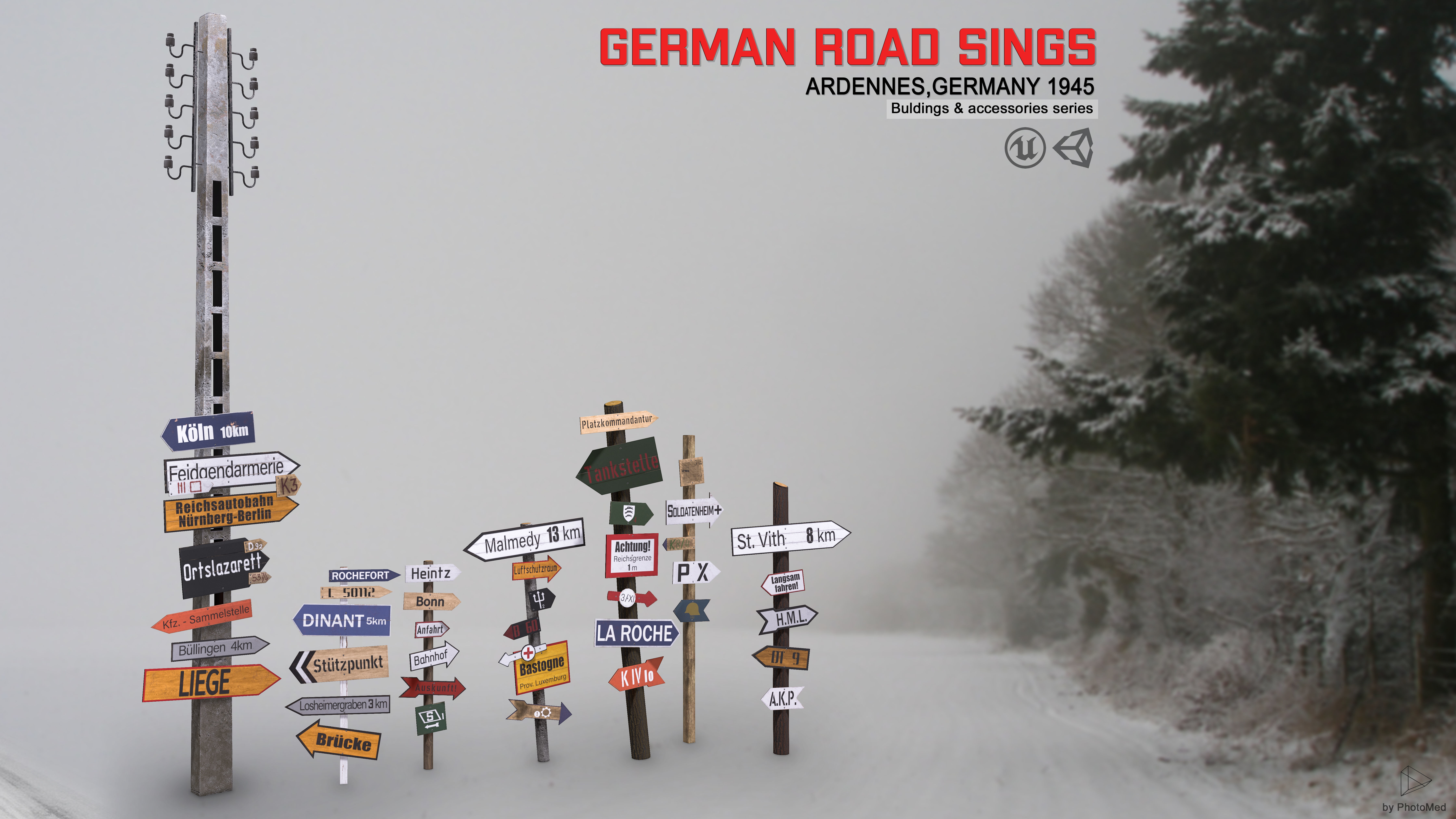 3D model German road signs Ardennes Germany 1945 VR / AR / low-poly ...
