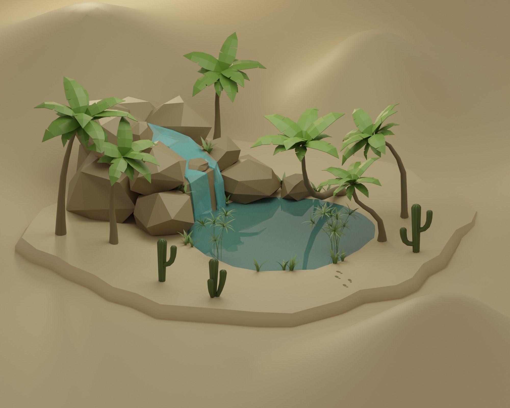 3D model Oasis island with palm trees and cactus VR / AR / low-poly ...