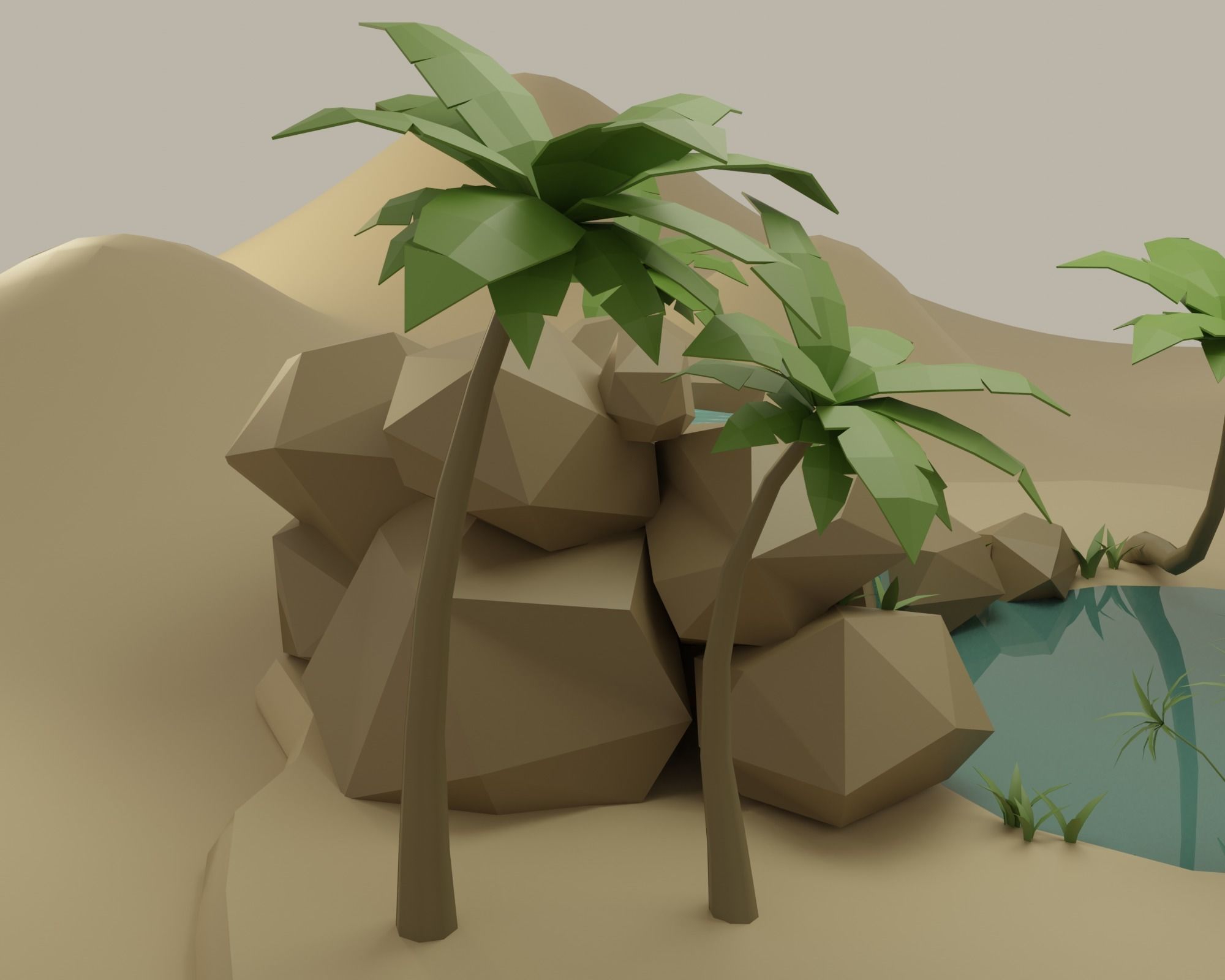 3D model Oasis island with palm trees and cactus VR / AR / low-poly ...