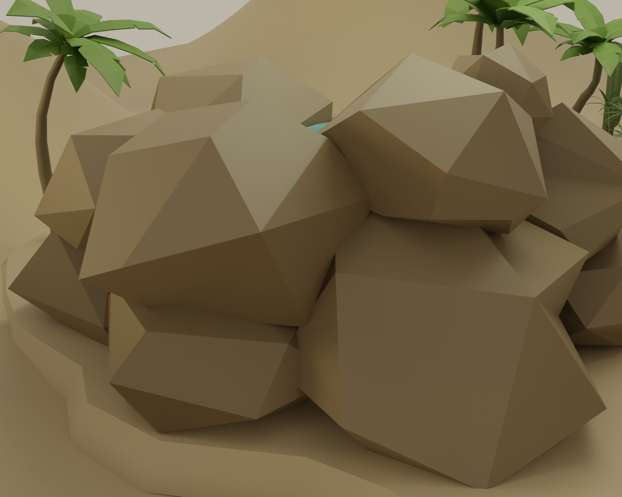 3D model Oasis island with palm trees and cactus VR / AR / low-poly ...