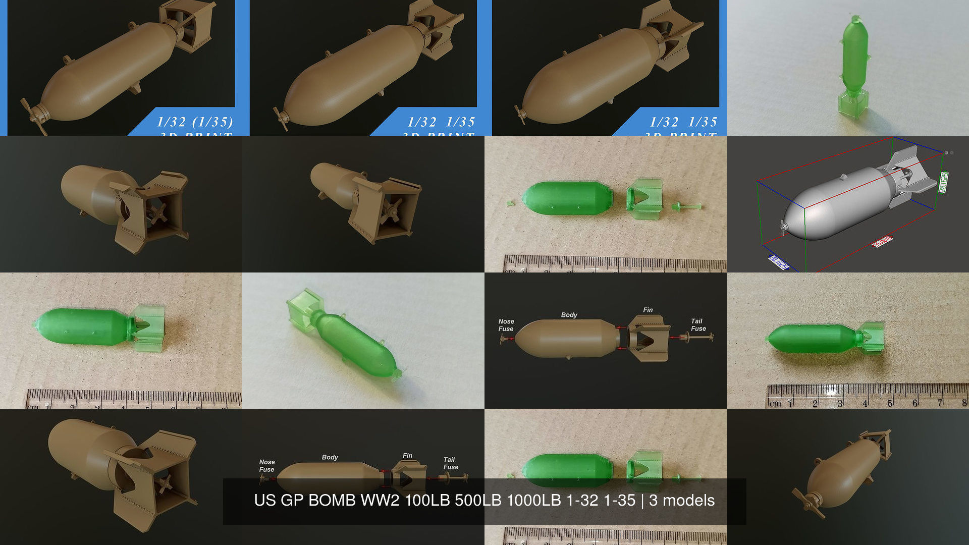 US GP BOMB WW2 100LB 500LB 1000LB 1-32 1-35 3D Model Collection | CGTrader