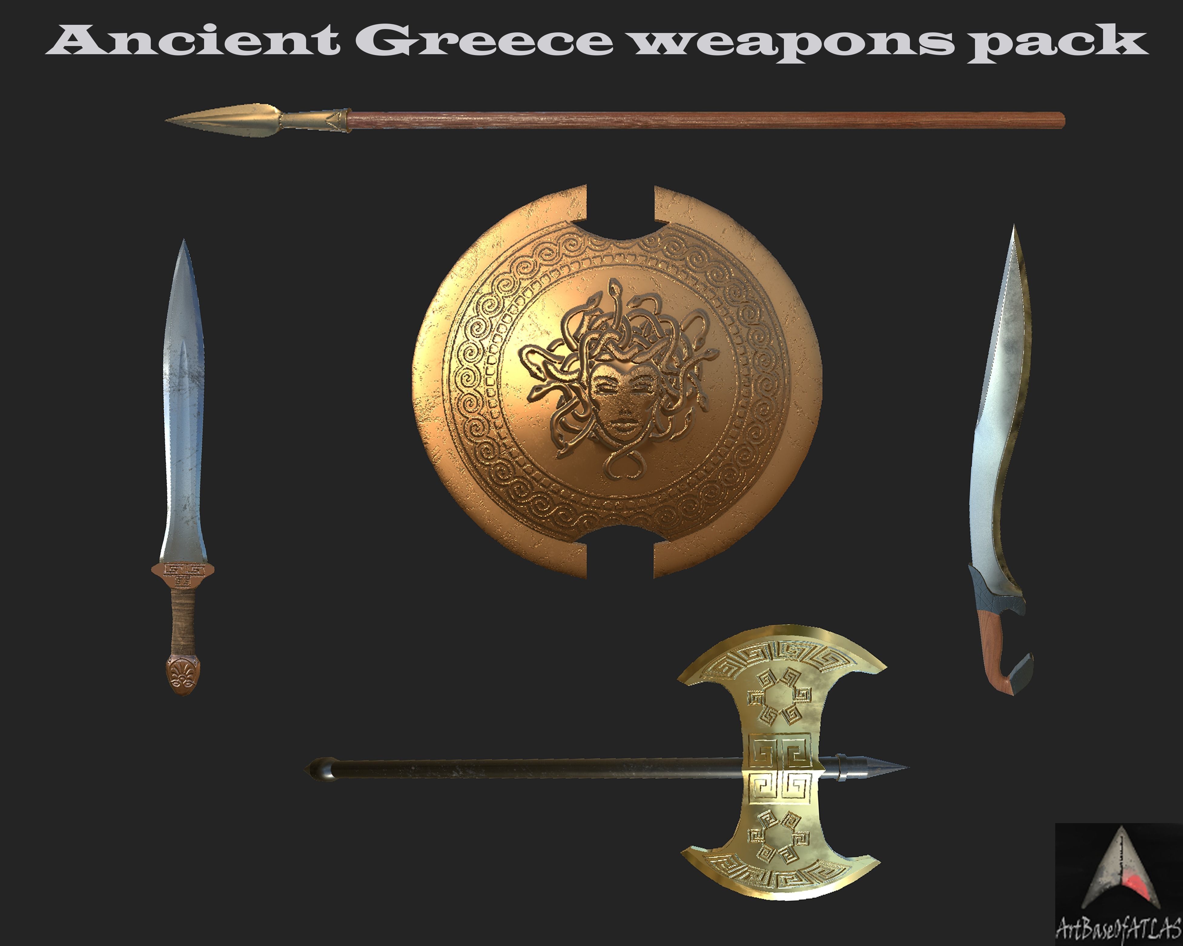 3D model Ancient Greece weapons pack by ArtBaseOfATLAS VR / AR / low ...