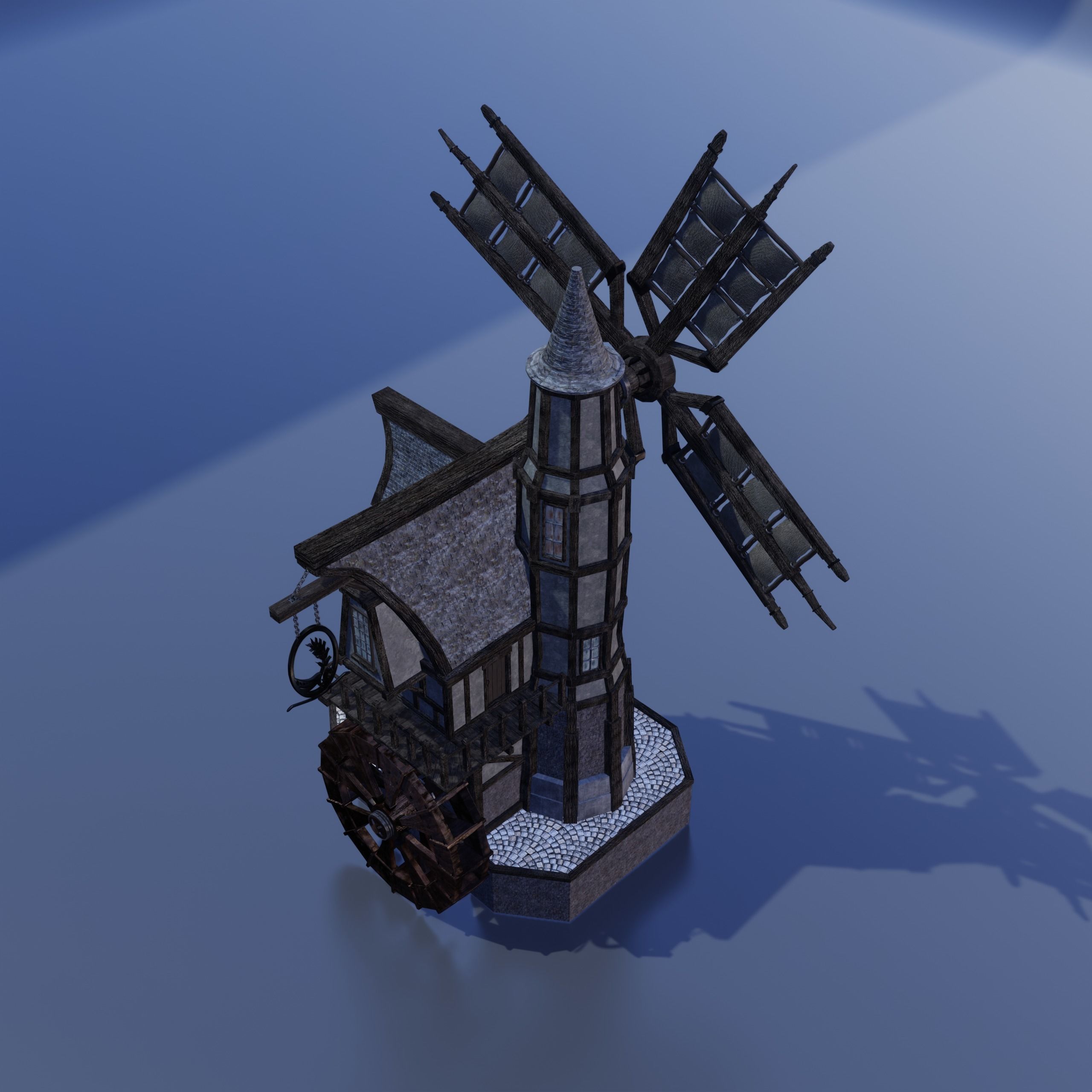 Windmill with water wheel Blender files with full 4k texture 3D model ...