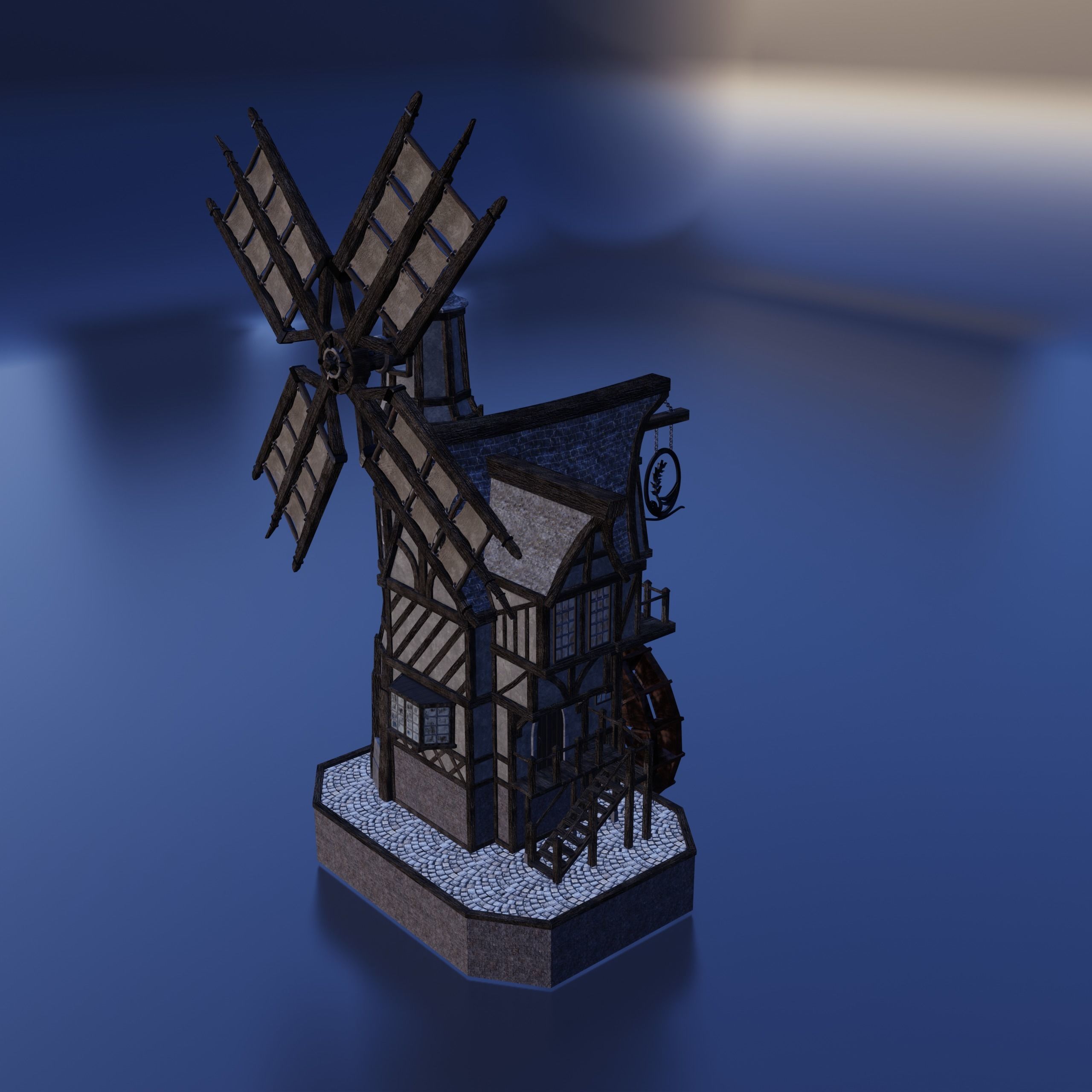 Windmill with water wheel Blender files with full 4k texture 3D model ...