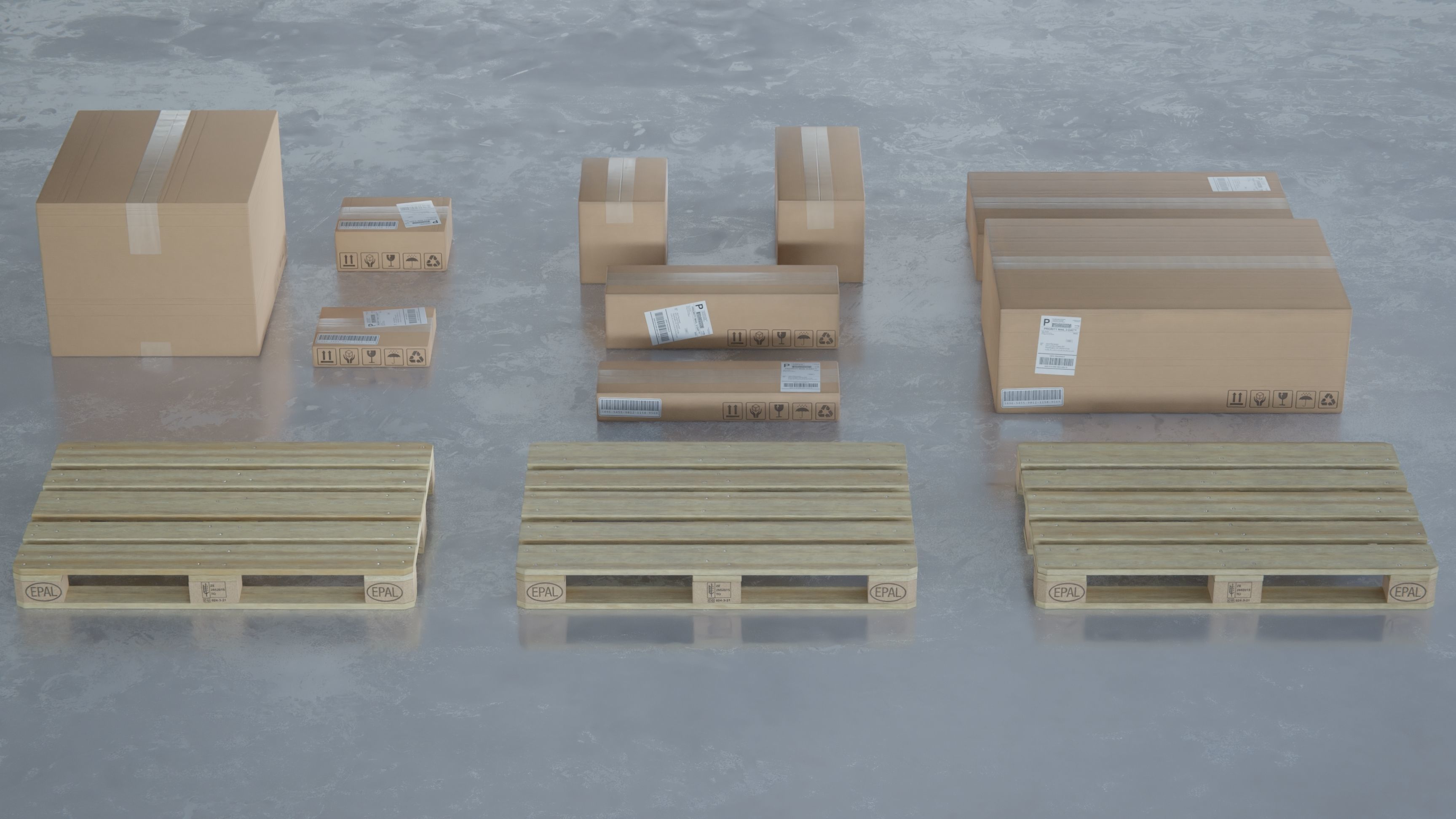 3D model Wooden pallets with boxes - Pack 2 - Textured VR / AR / low ...