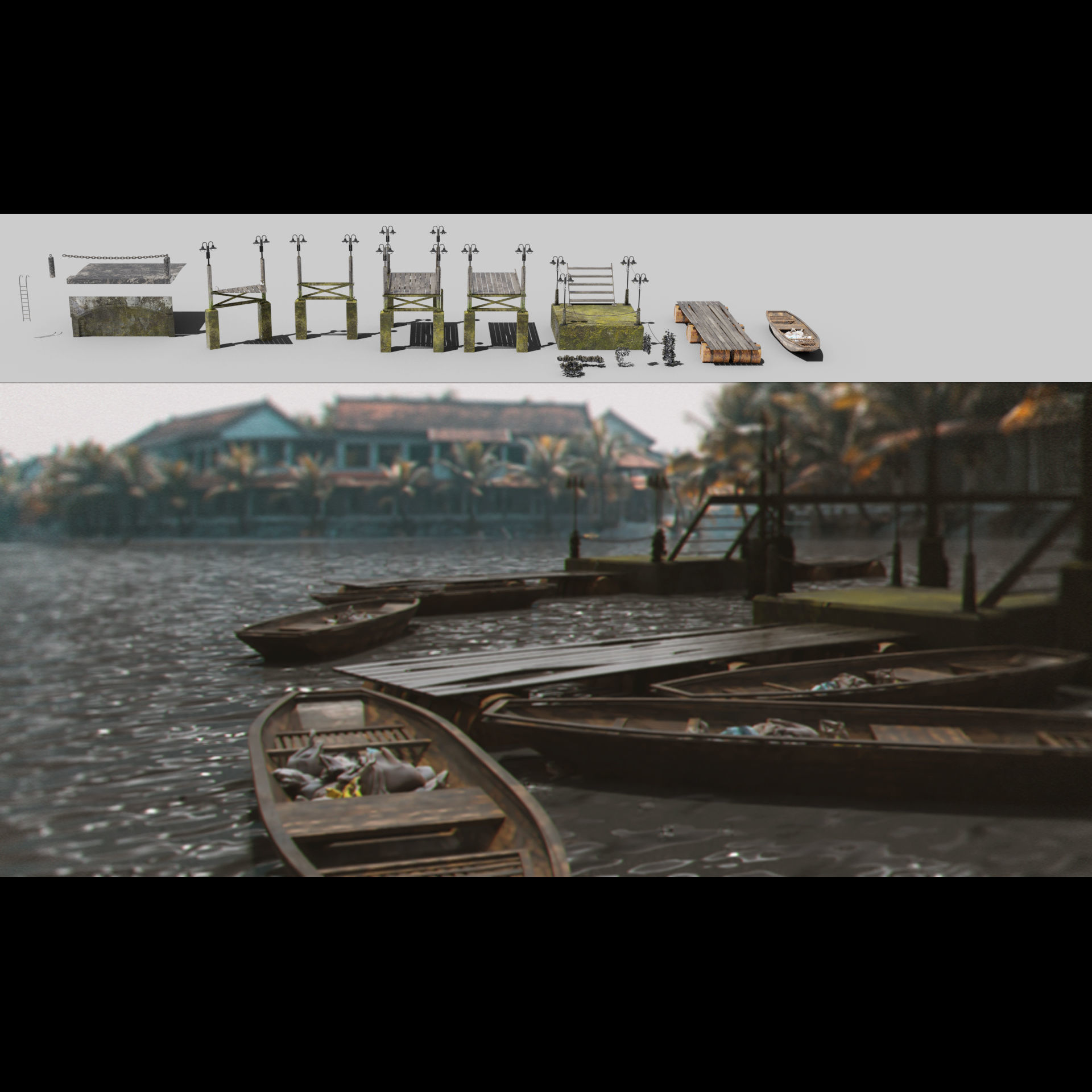 Boardwalk pier jetty floating dock kitbash for river mooring 3D model ...