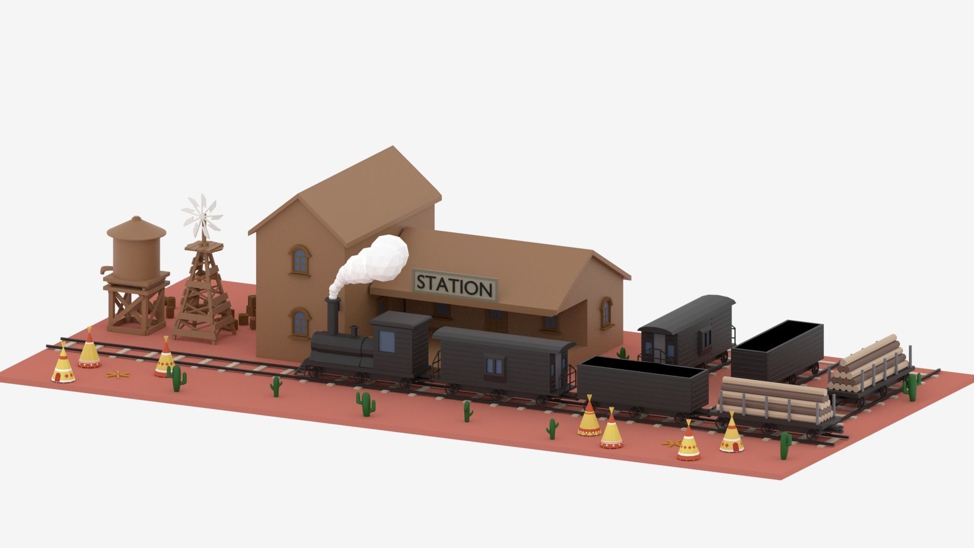 3D model Old Wild West Train and Staion VR / AR / low-poly | CGTrader