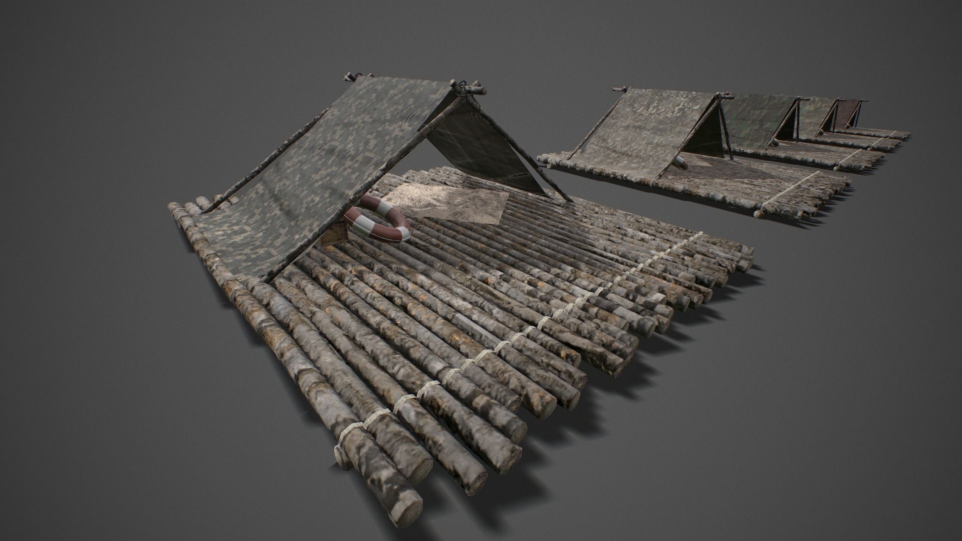 3D model Wooden raft with camo tent pack VR / AR / low-poly | CGTrader