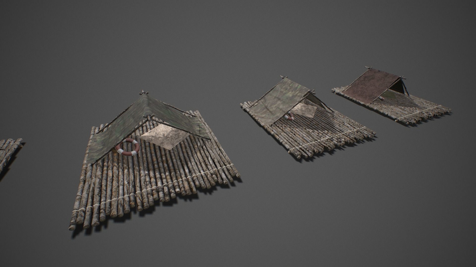 3D model Wooden raft with camo tent pack VR / AR / low-poly | CGTrader