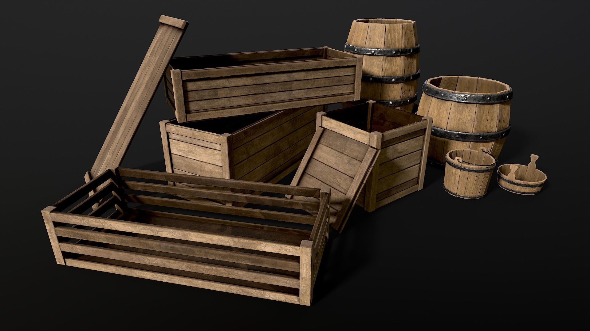 3D model Medieval containers barrels crates and buckets VR / AR / low ...