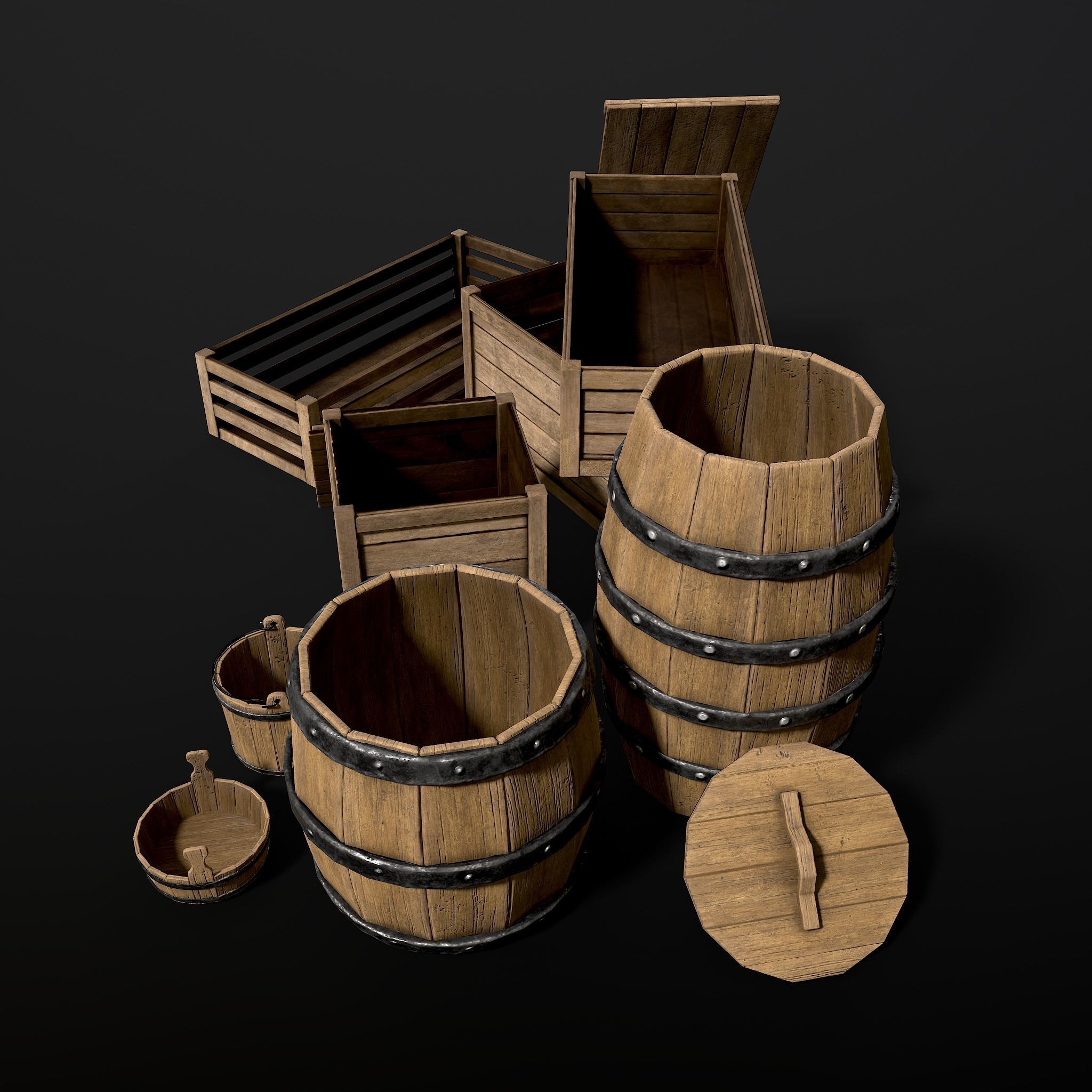 3D model Medieval containers barrels crates and buckets VR / AR / low ...