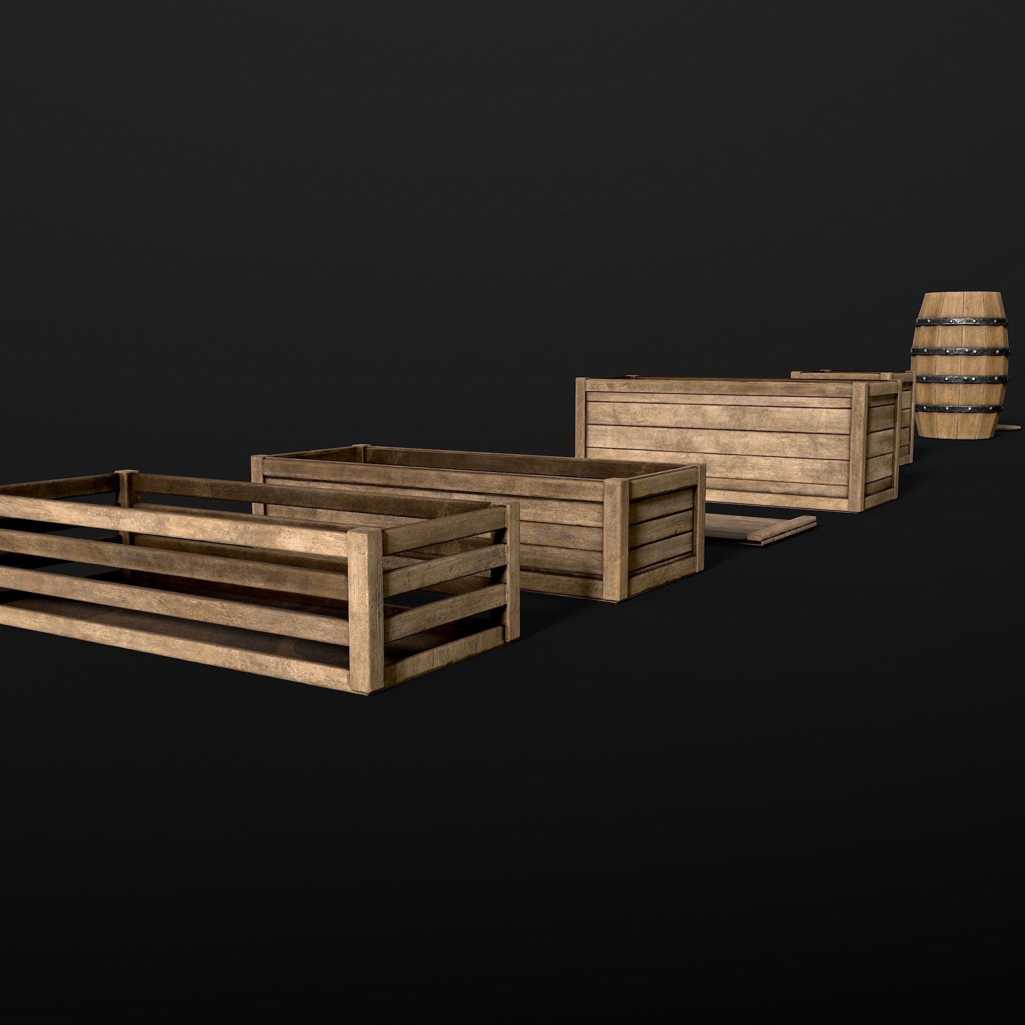 3D model Medieval containers barrels crates and buckets VR / AR / low ...