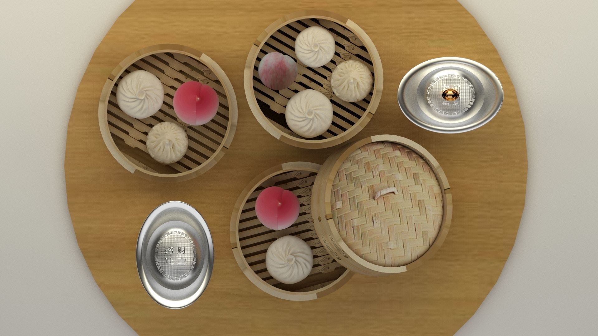 Chinese dim sum bamboo streamer with gold ingot 3D model | CGTrader