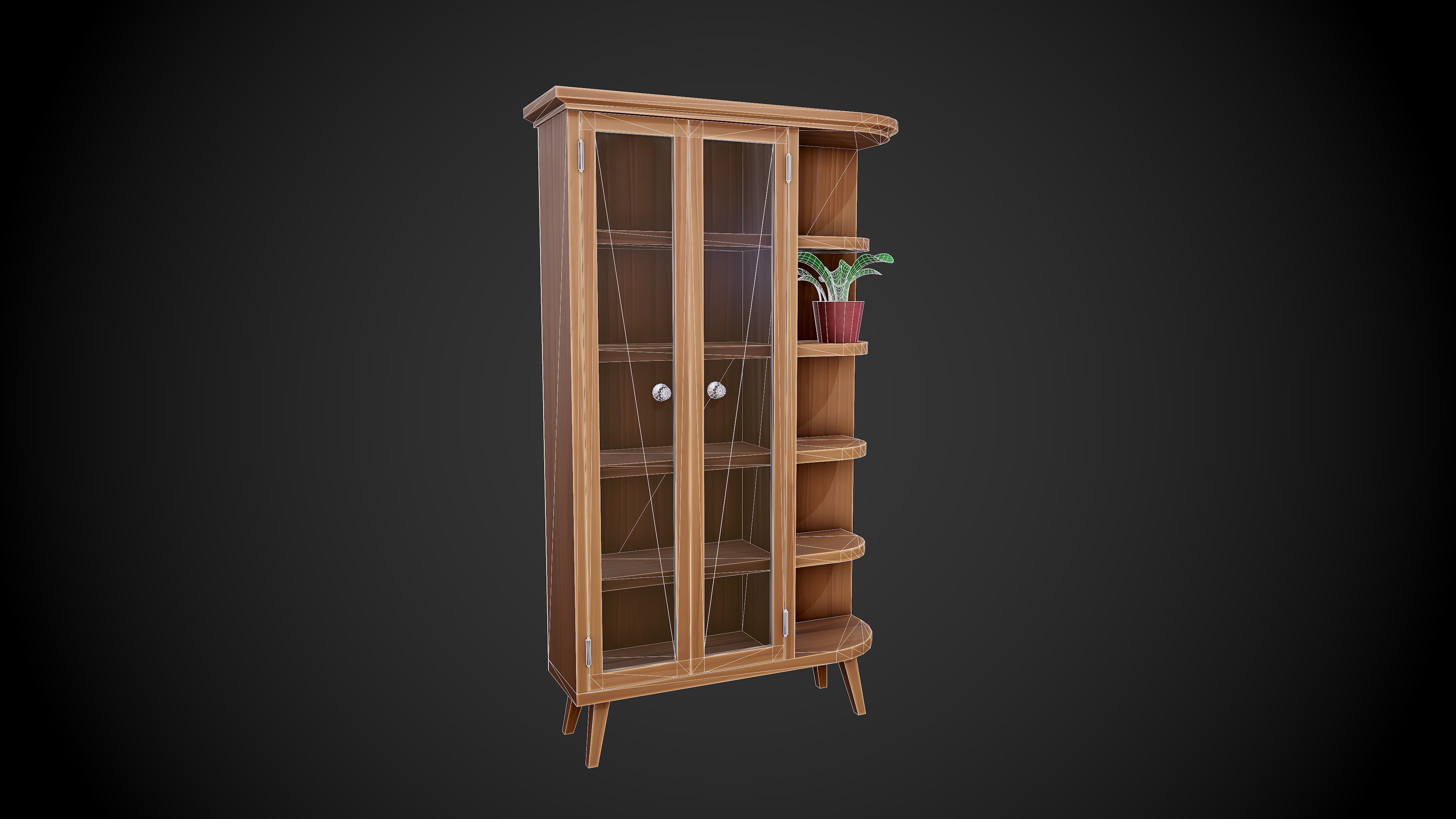 3D model Stylized Wooden Cupboard With Glass Doors And Shelfs VR / AR ...