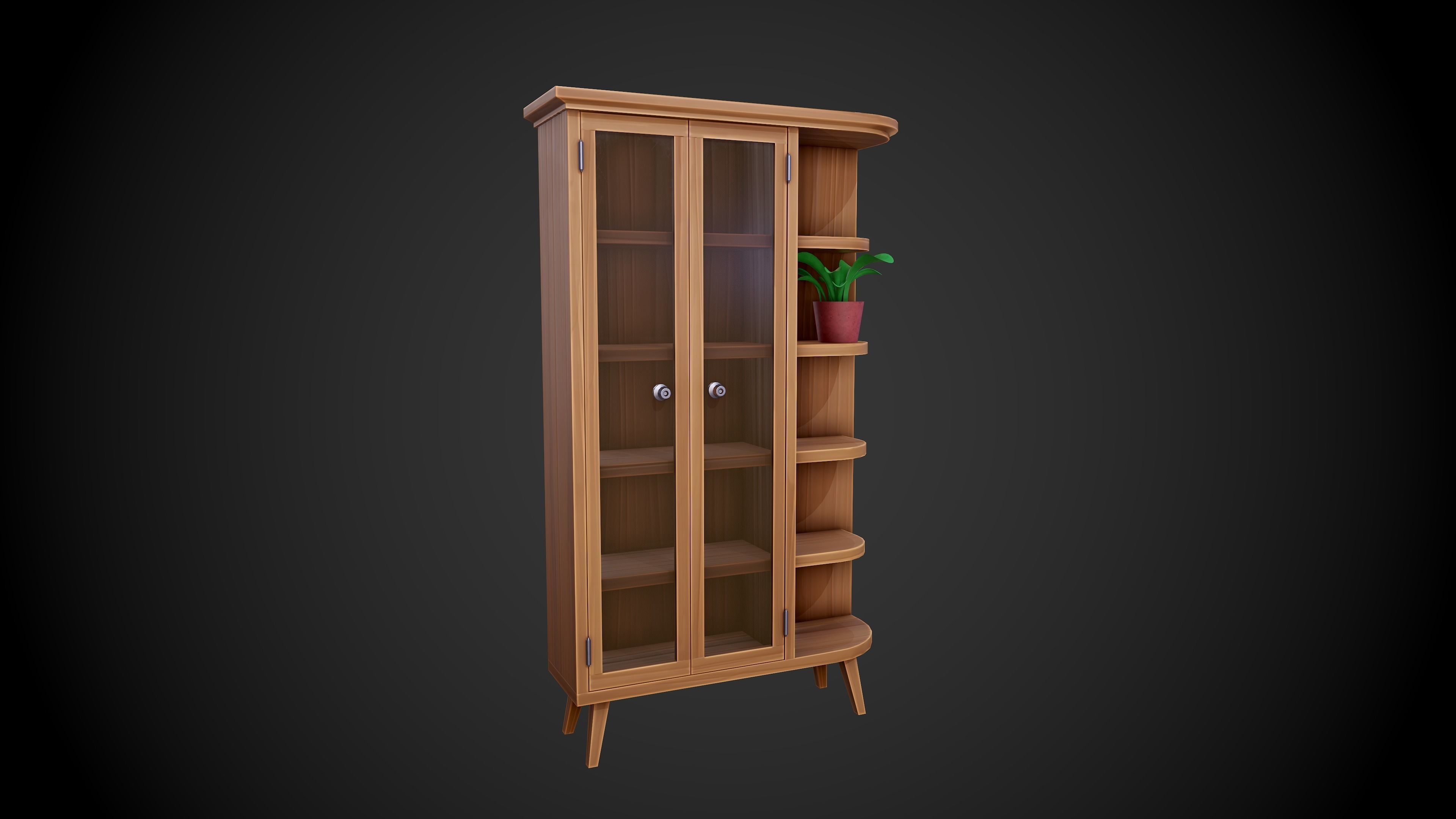 3D model Stylized Wooden Cupboard With Glass Doors And Shelfs VR / AR ...