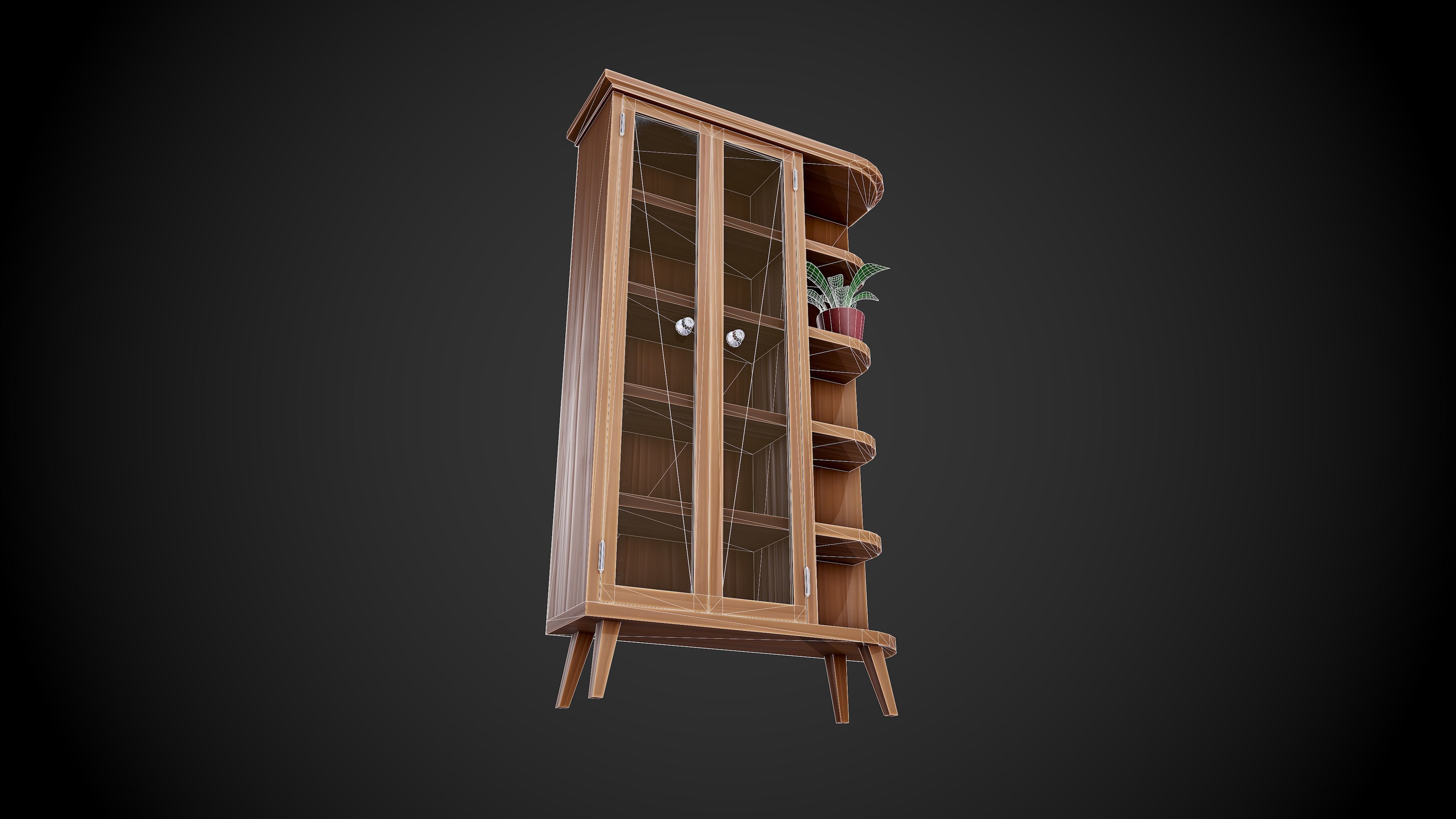 3D model Stylized Wooden Cupboard With Glass Doors And Shelfs VR / AR ...