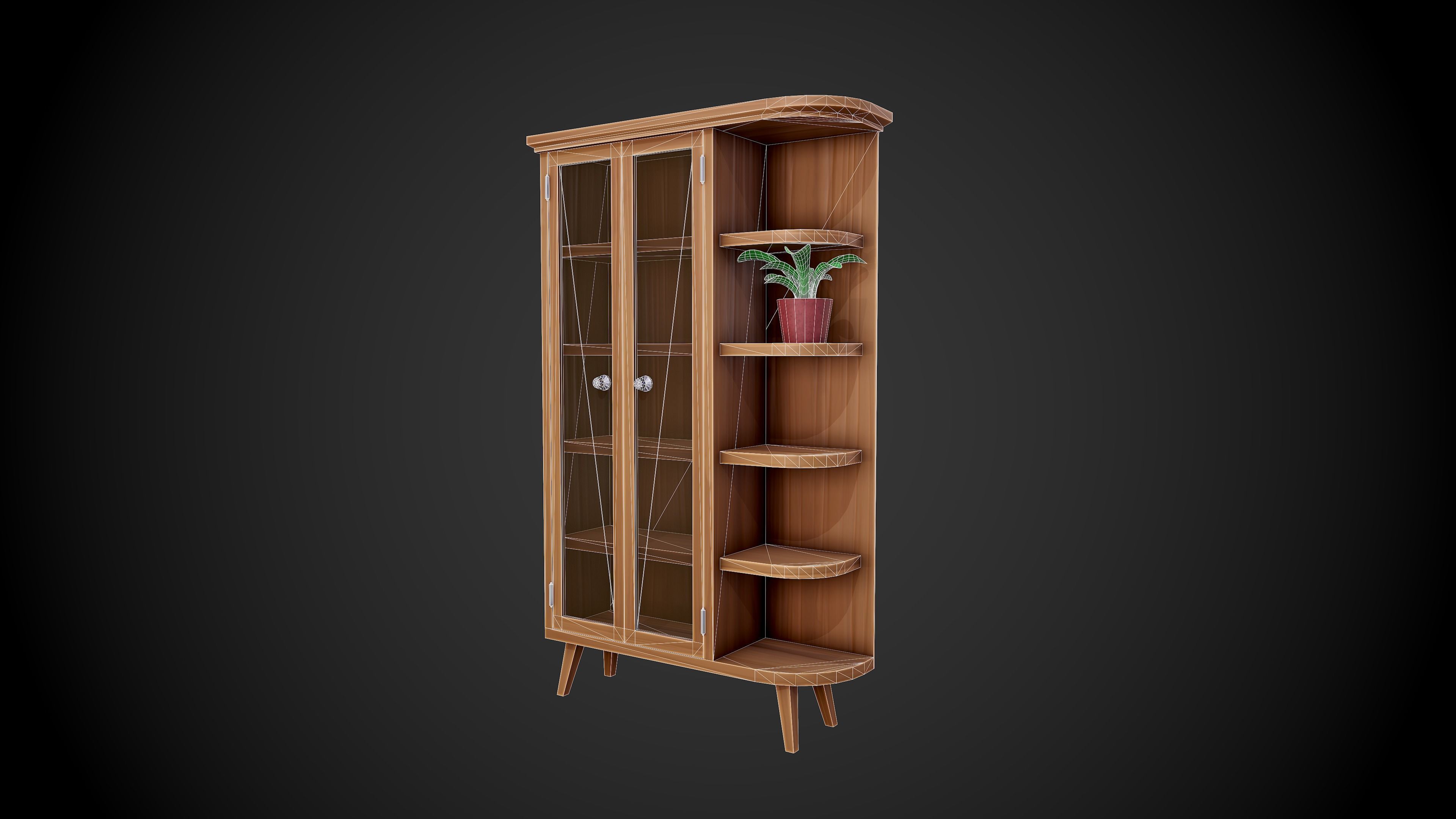 3D model Stylized Wooden Cupboard With Glass Doors And Shelfs VR / AR ...