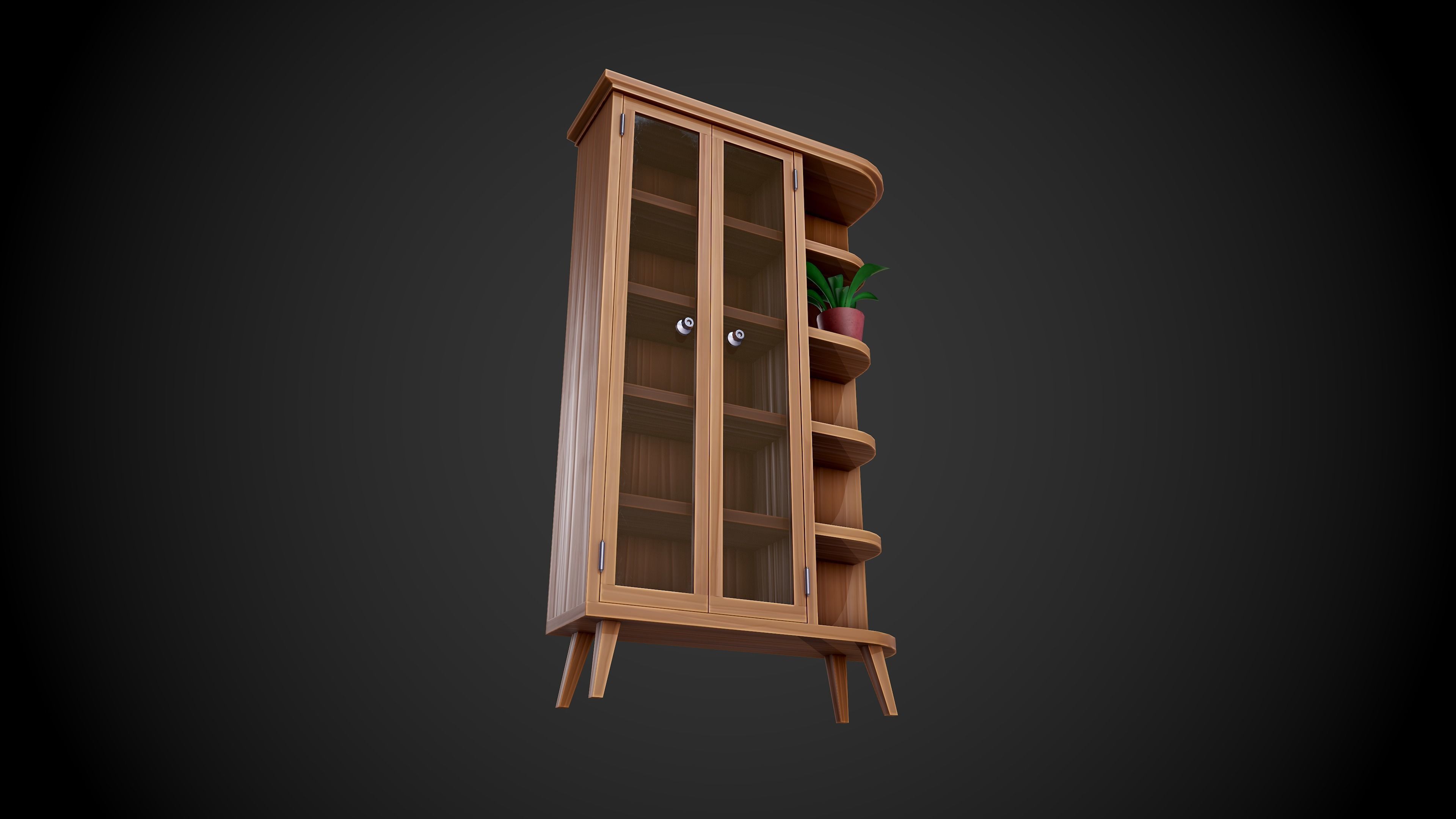 3D model Stylized Wooden Cupboard With Glass Doors And Shelfs VR / AR ...
