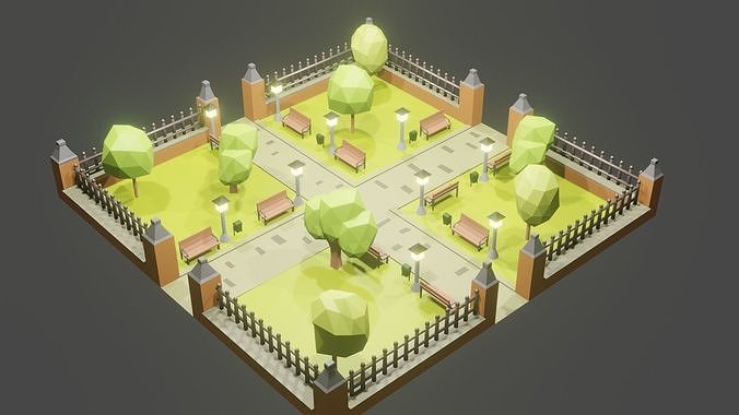 LowPolyPark park with benches and trees 3D model | CGTrader