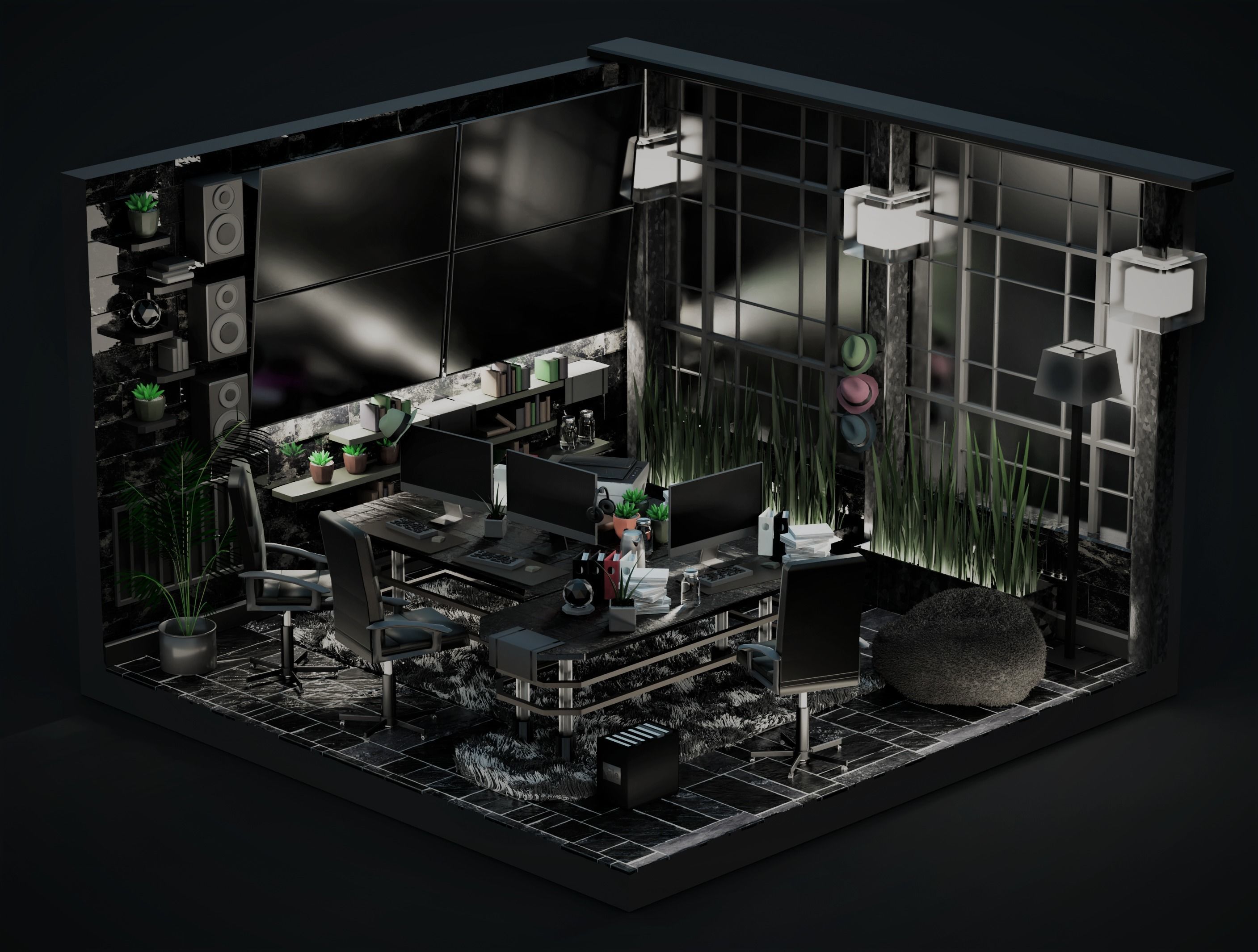 Office Low Poly room with furniture and plants free 3D model | CGTrader