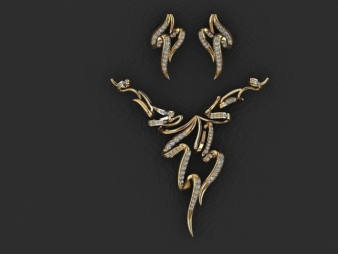 pendent set gold necklace and earrings with diamonds 3D model 3D ...