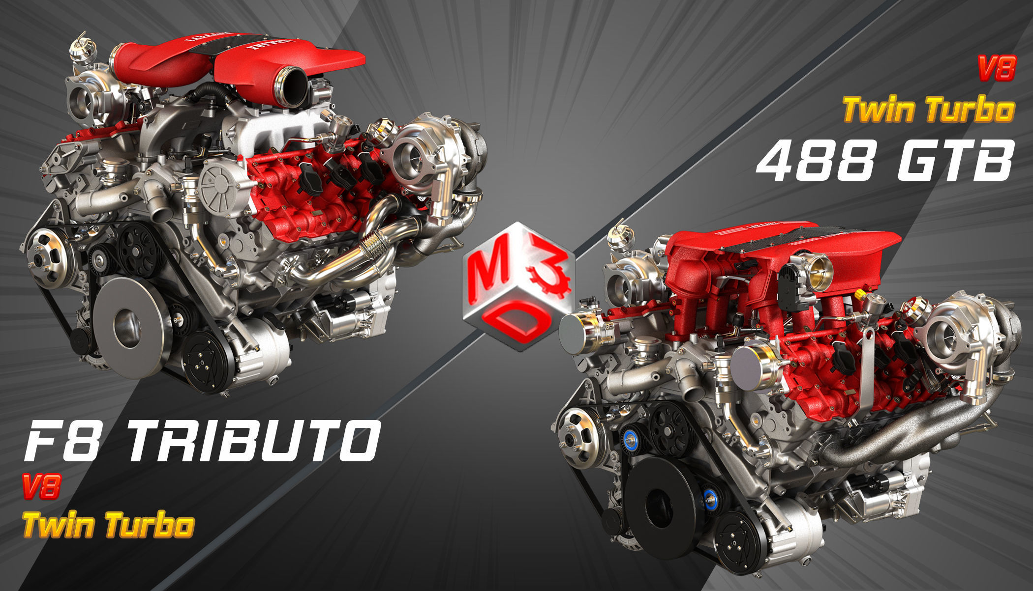 F8 Tributo - 488 GTB Engines - V8 Twin Turbo Engines 2 in 1 3D Model ...