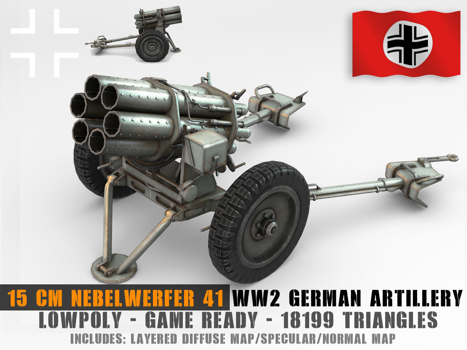 3D model Low Poly 15cm Nebelwerfer 41 rocket artillery VR / AR / low ...