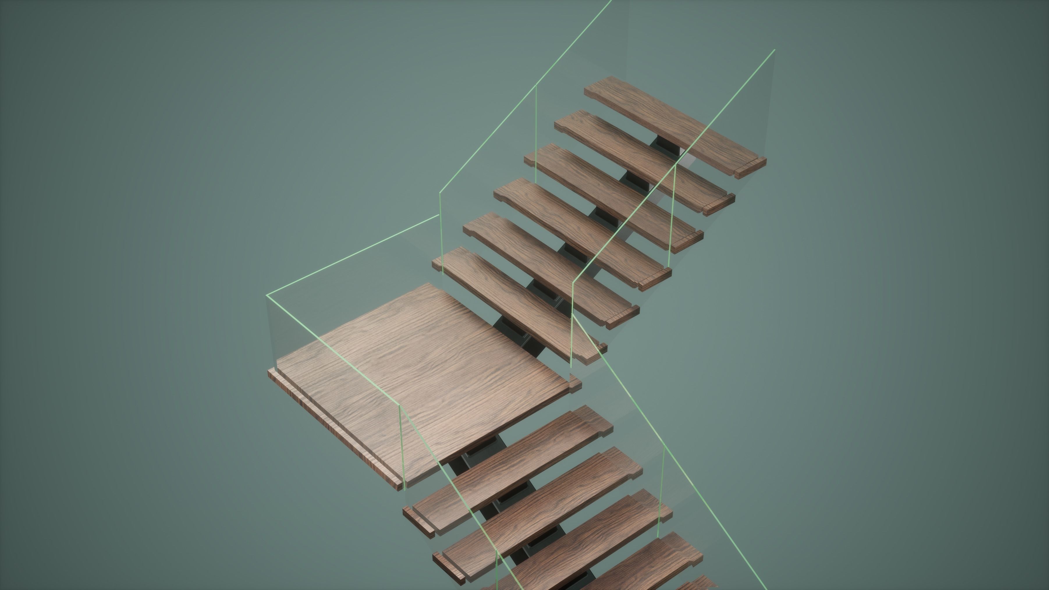 3D model Stair Low Poly Game Ready wooden staircase with glass railing ...