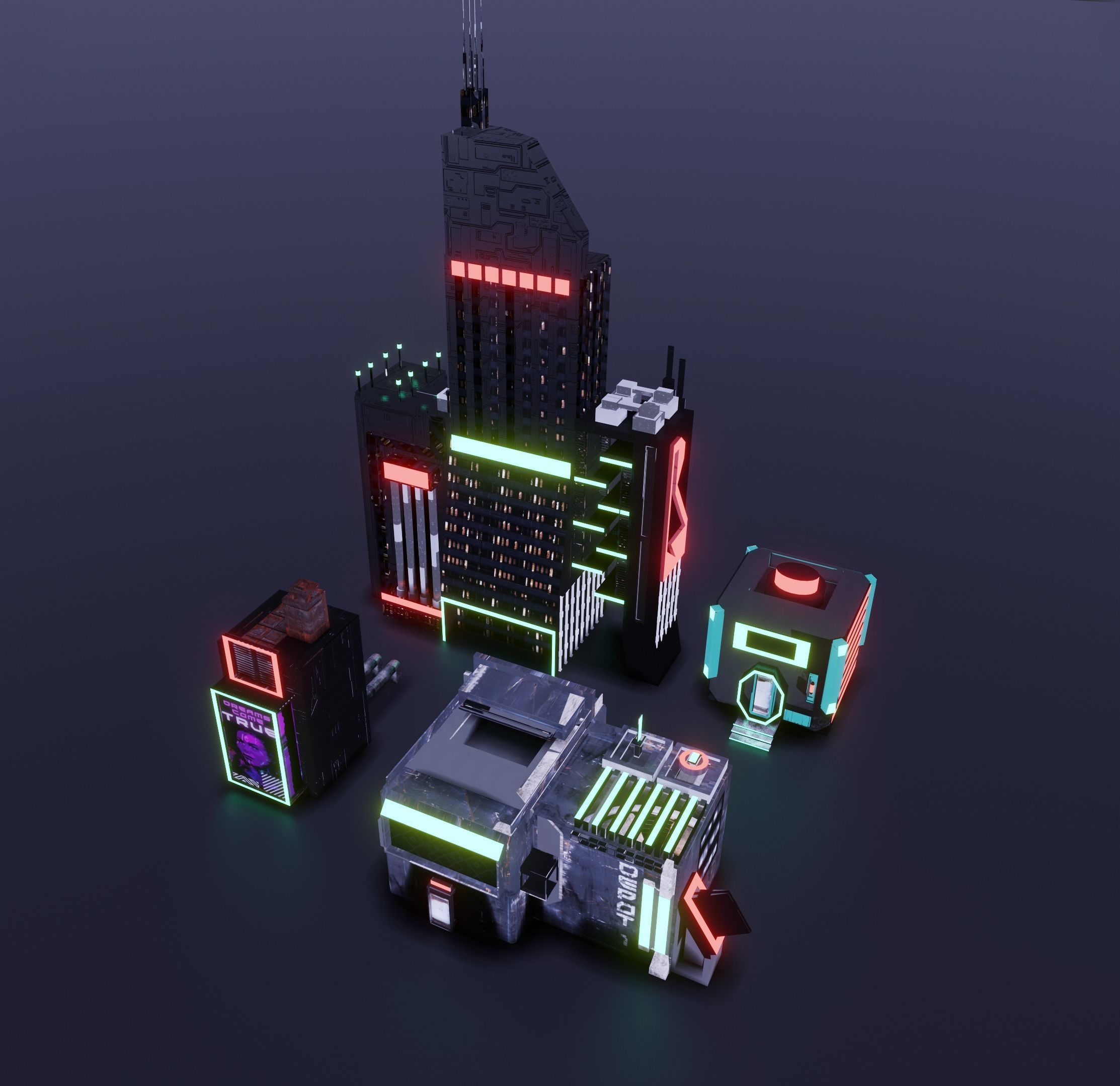 3D model Small Cyberpunk City with 17 buildings VR / AR / low-poly ...