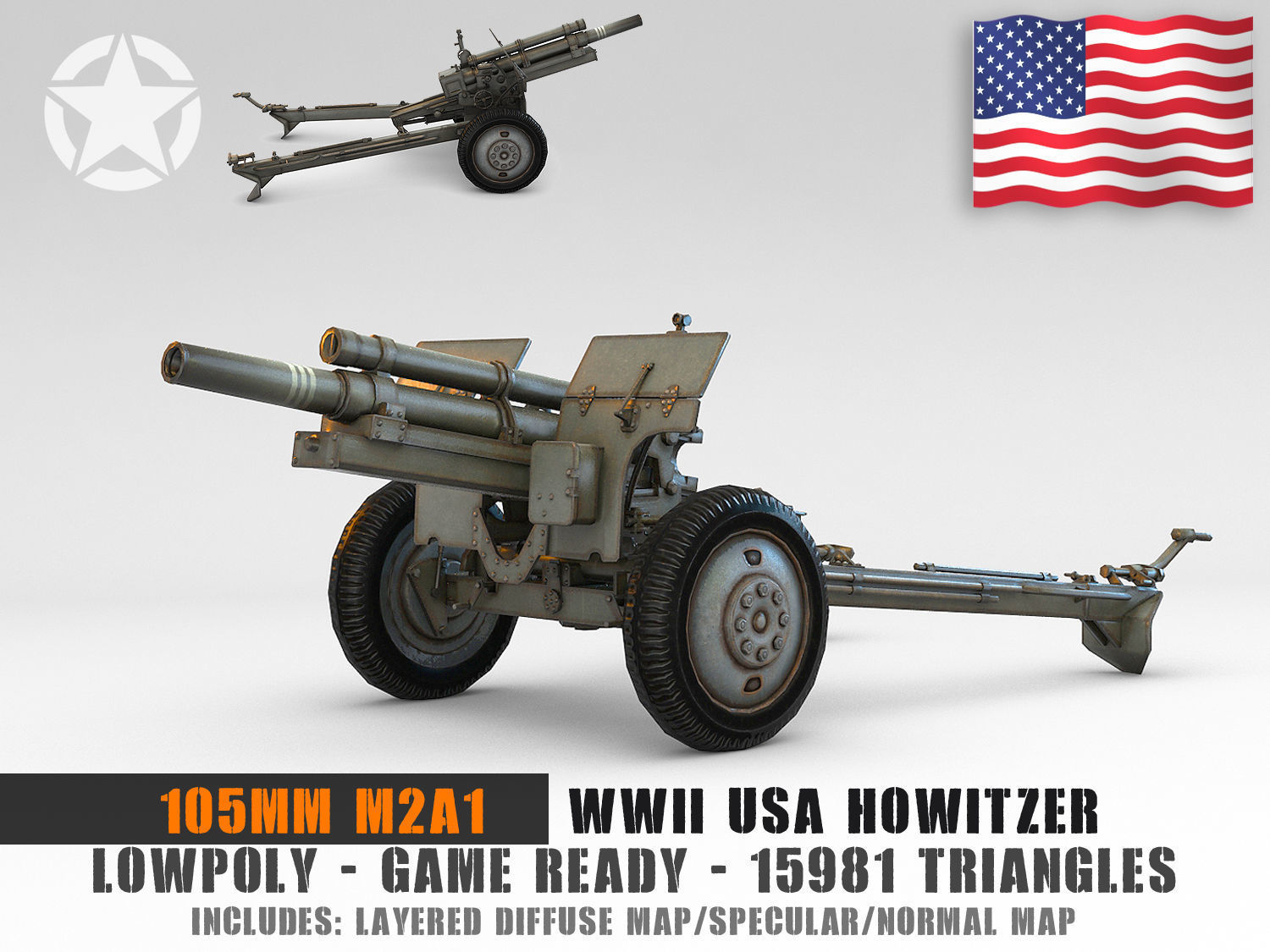 Low Poly 105 mm M2A1 howitzer 3D model | CGTrader