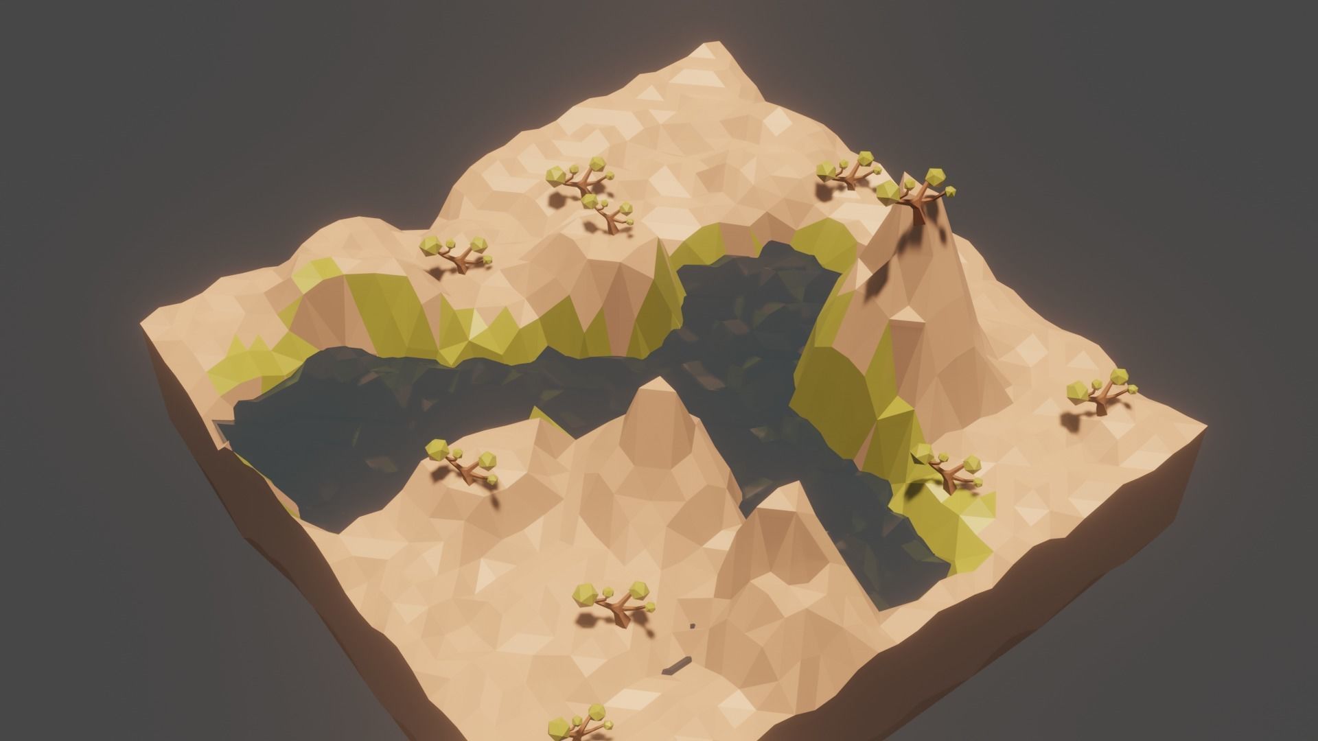 3D model Low poly Savannah mountain with trees on top VR / AR / low ...