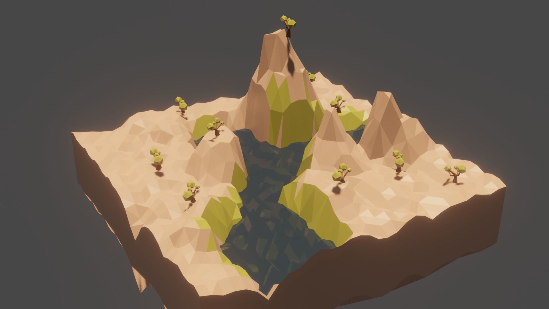 3D model Low poly Savannah mountain with trees on top VR / AR / low ...