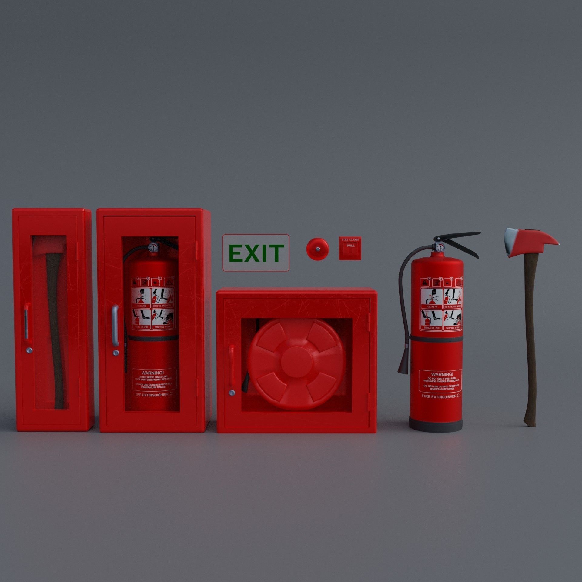 3D model Fire Equipment Set Fire Extinguisher Cabinet Alarm PBR ...