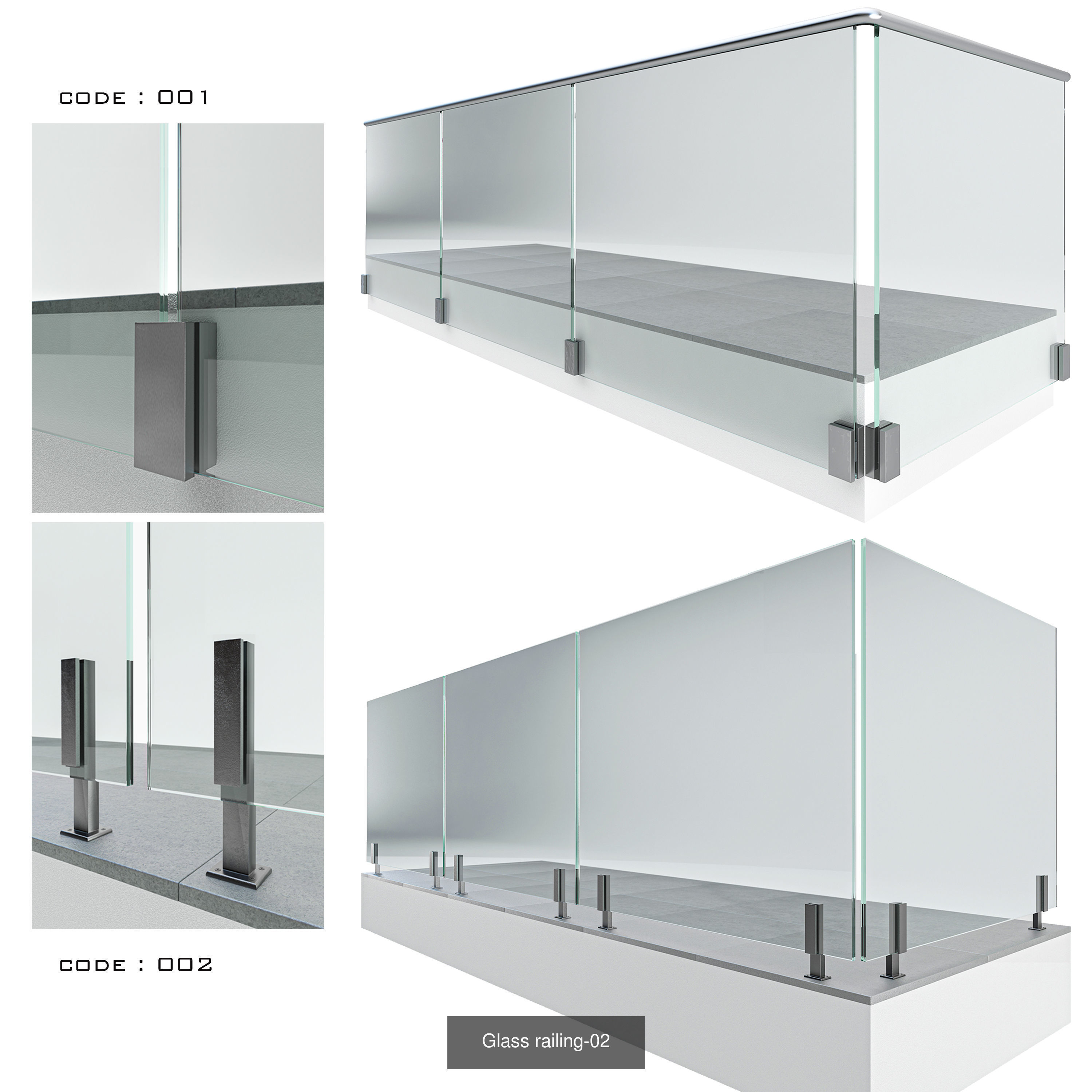 Glass-Railing-collection two glass railings and wooden deck | CGTrader