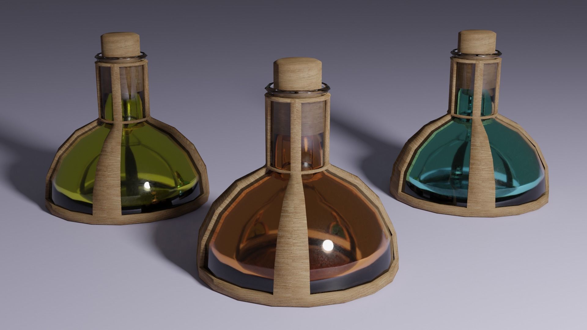 3D model Low Poly Potions set of colored glass bottles VR / AR / low ...