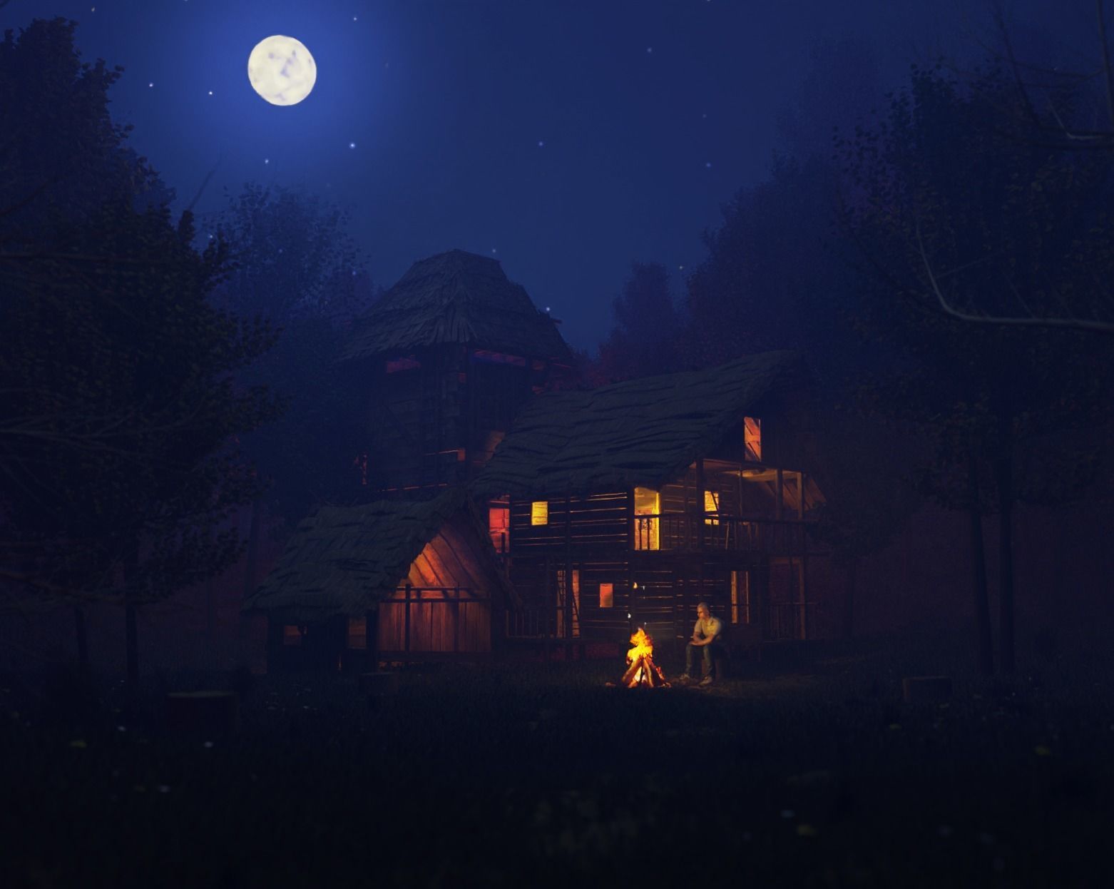 Night Forest Cottage Scene 3D model | CGTrader