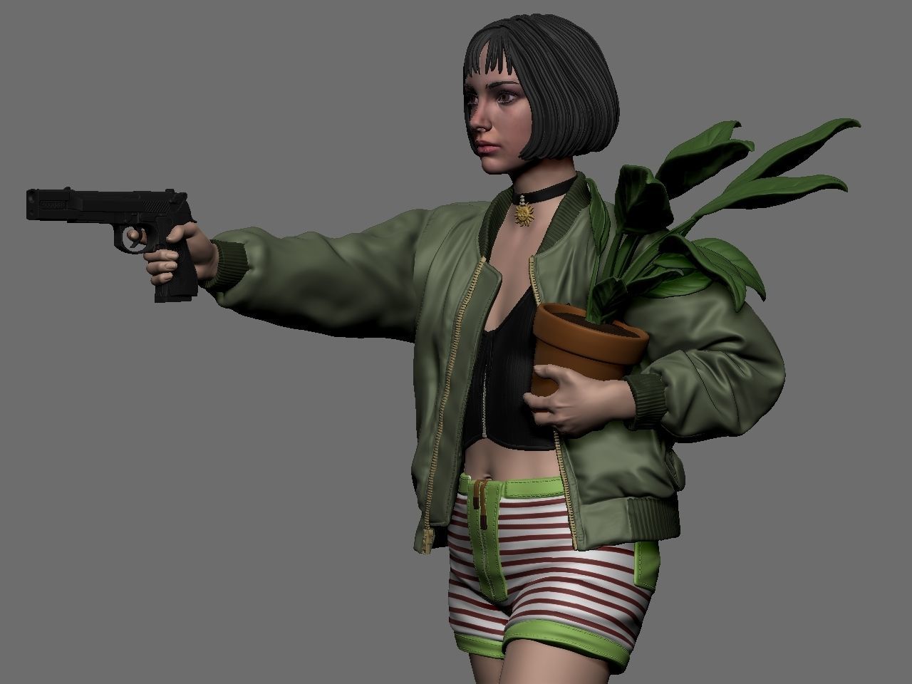 Mathilda woman holding gun and plants 3D model 3D printable | CGTrader