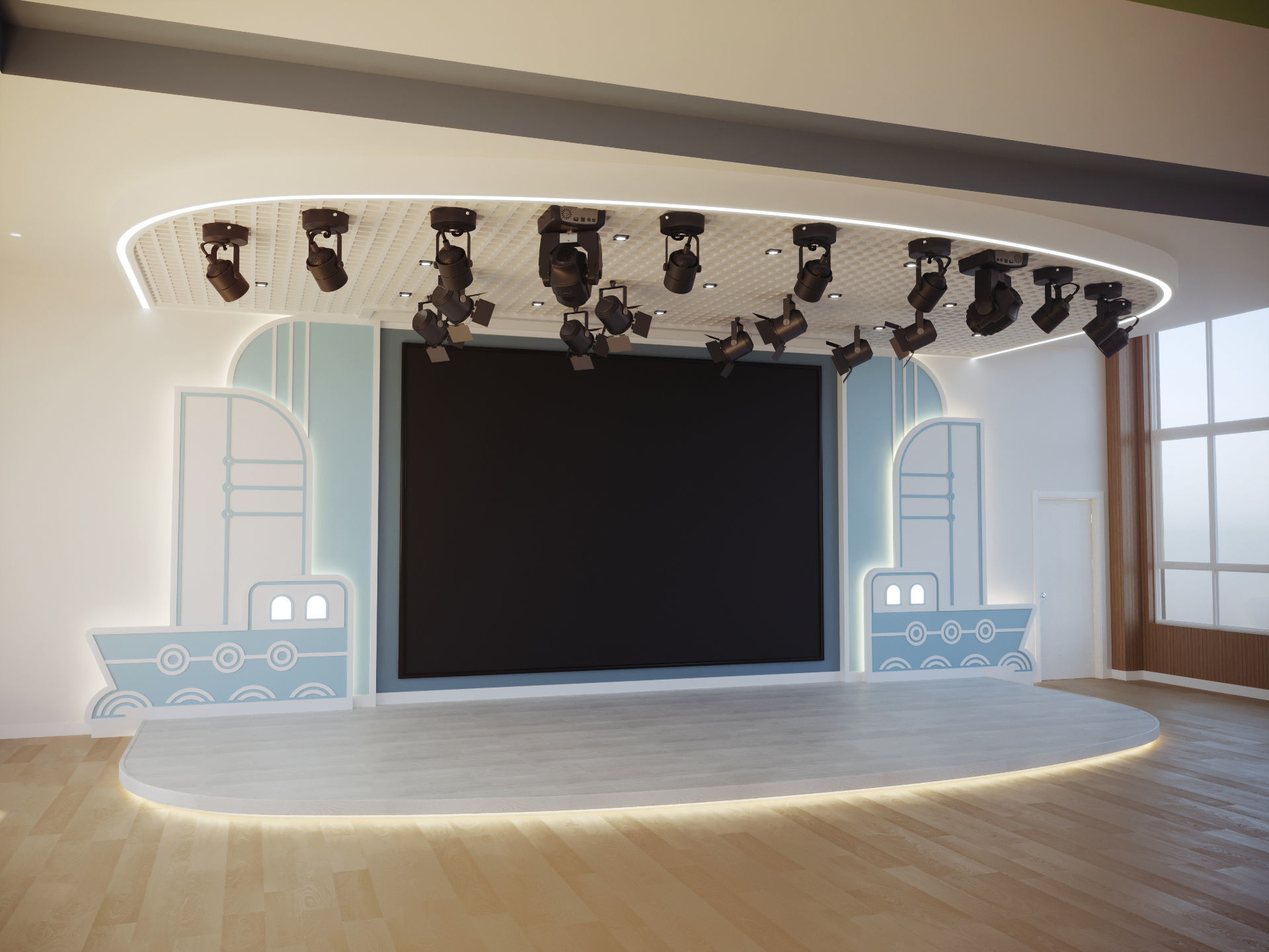 School stage theme background large screen auditorium 3D model | CGTrader