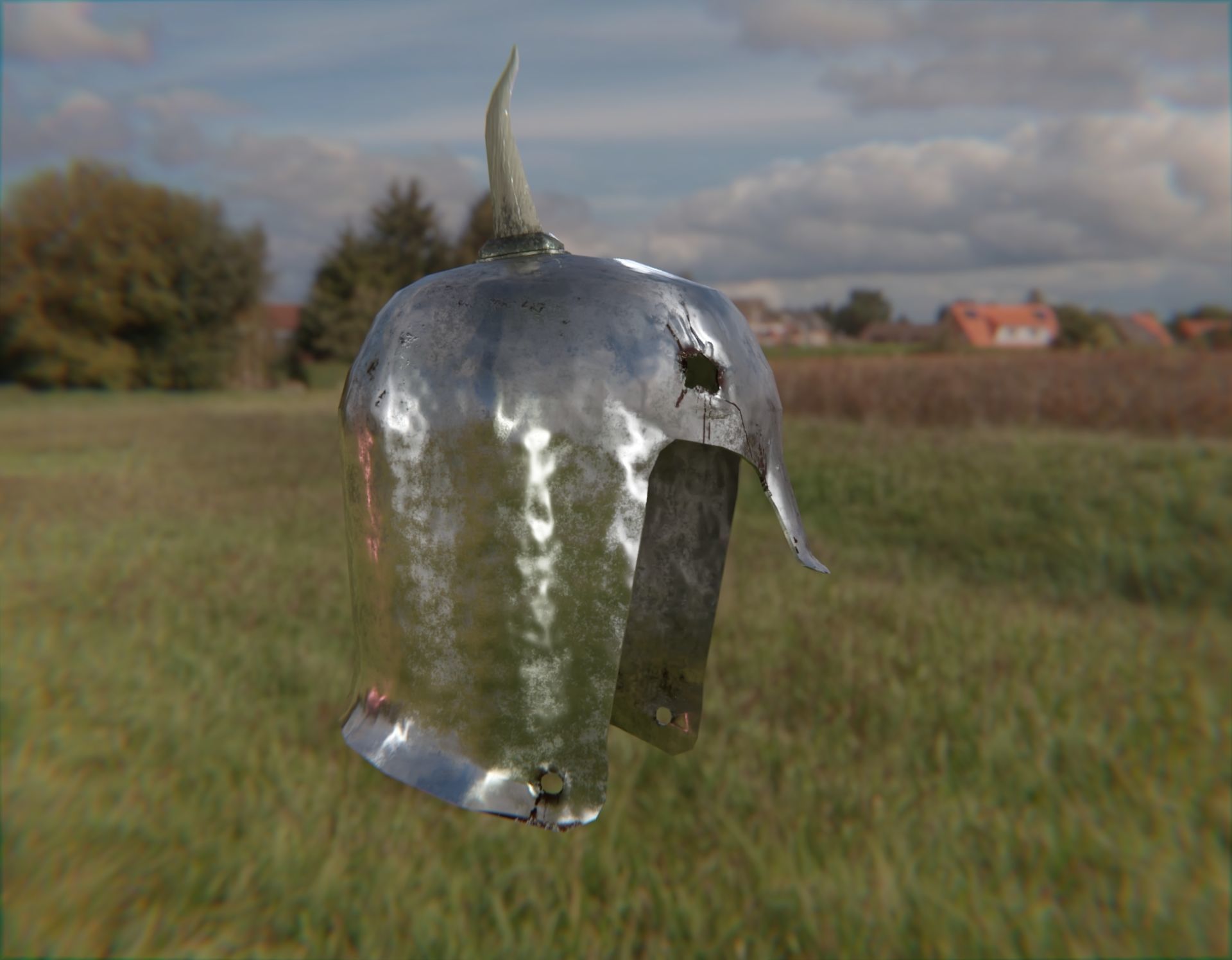 3D model Medieval one horn damaged knight helmet VR / AR / low-poly ...