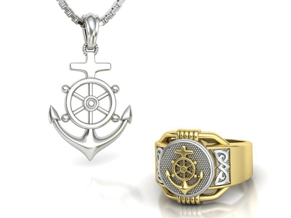 Anchor Pendant and Ring Collection Sailor Jewelry Set | CGTrader